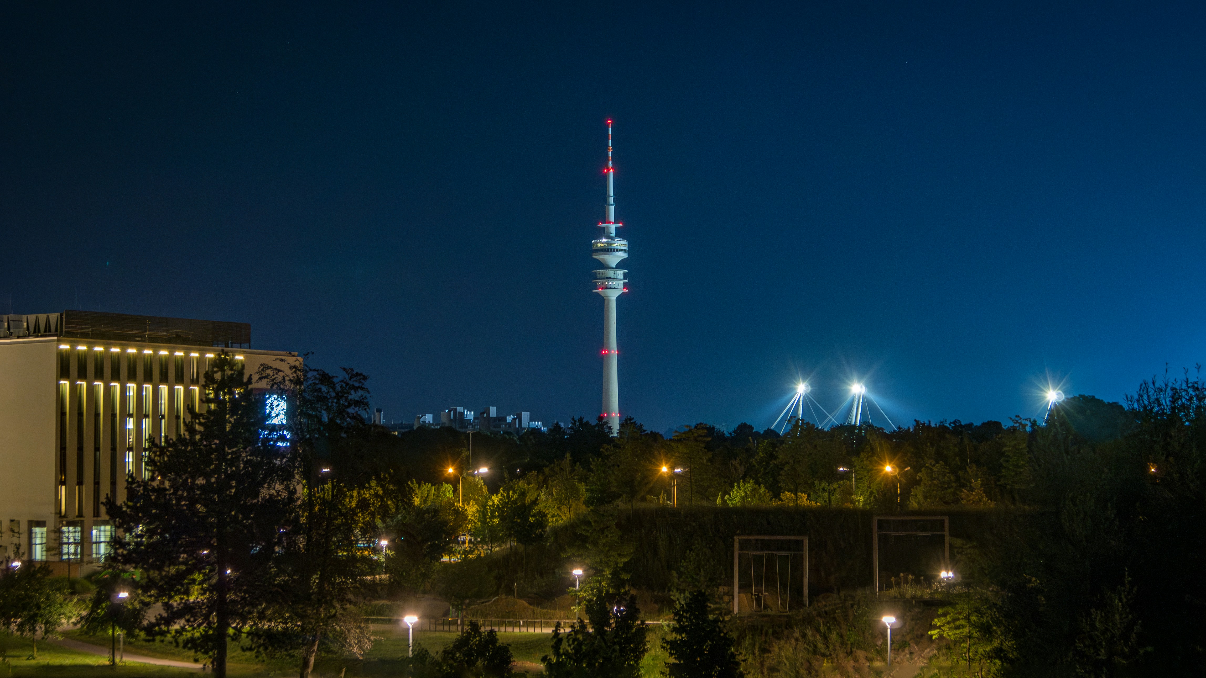 Midnight Beacon Over the Park: The City Tower in Neon Silence