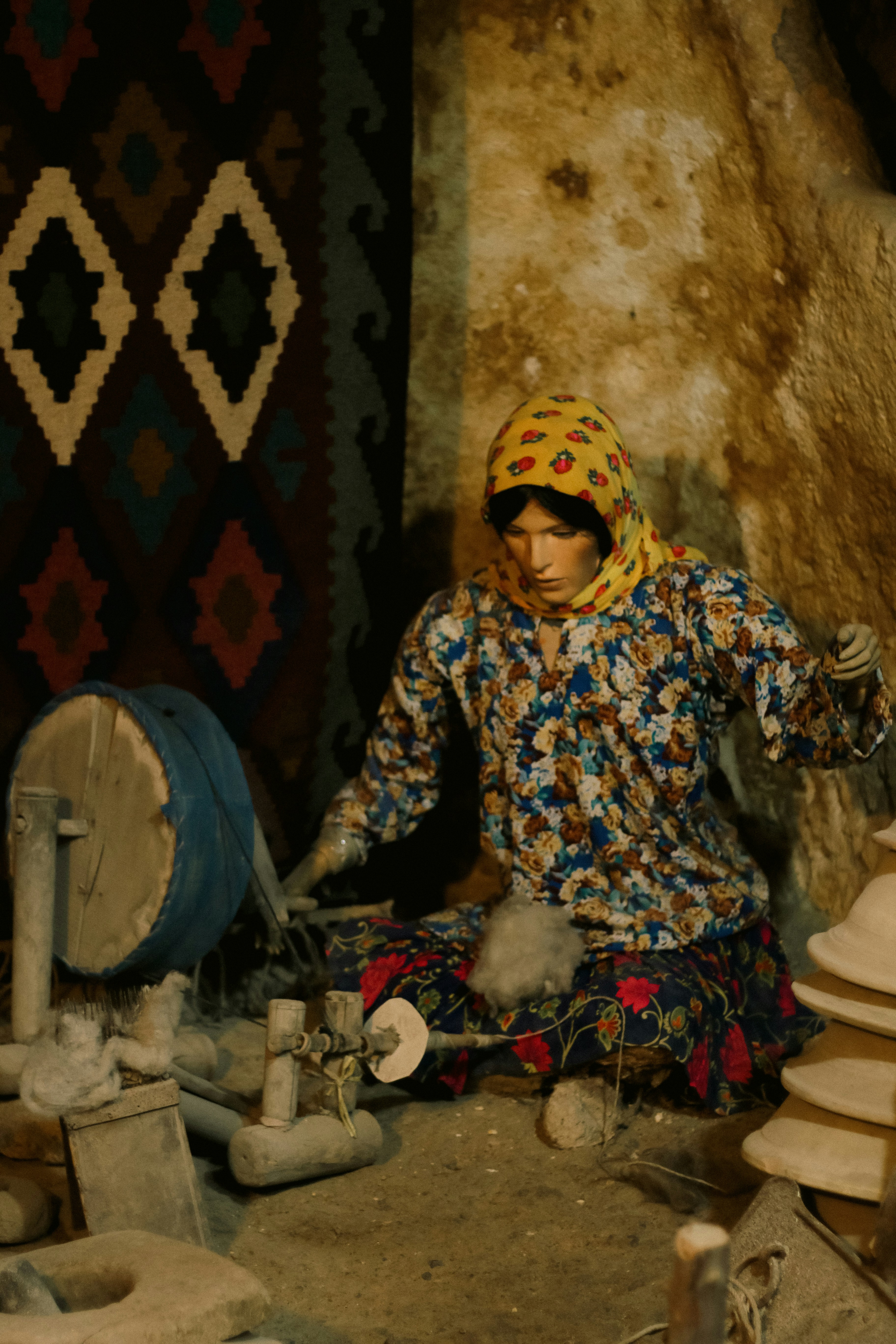Weaver at a Handloom in a Dim Workshop: Tapestry of Color and Craft