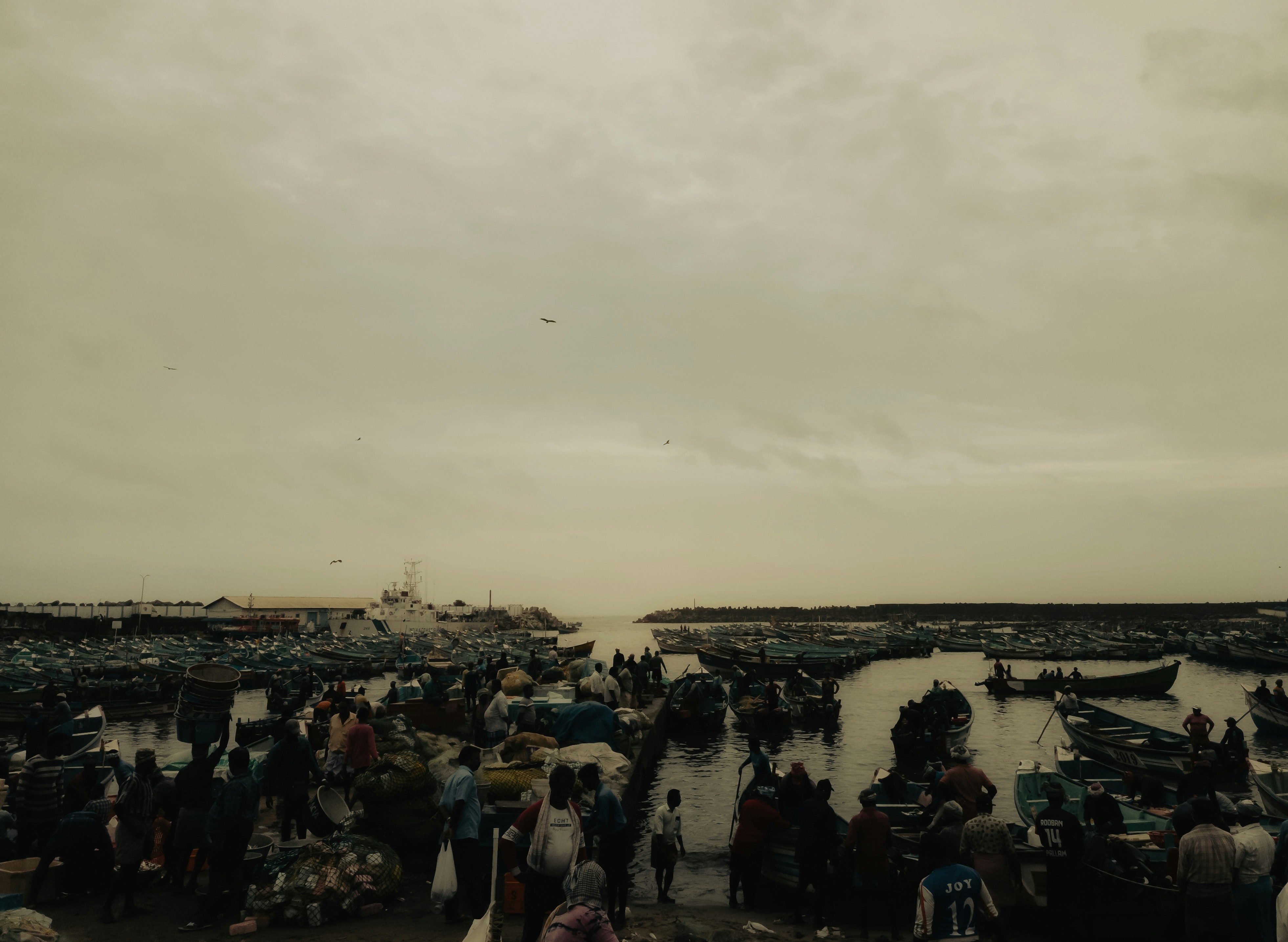 Bustling fishing harbor filled with boats and people, set against a moody sky. The scene captures the daily rhythm of maritime life.