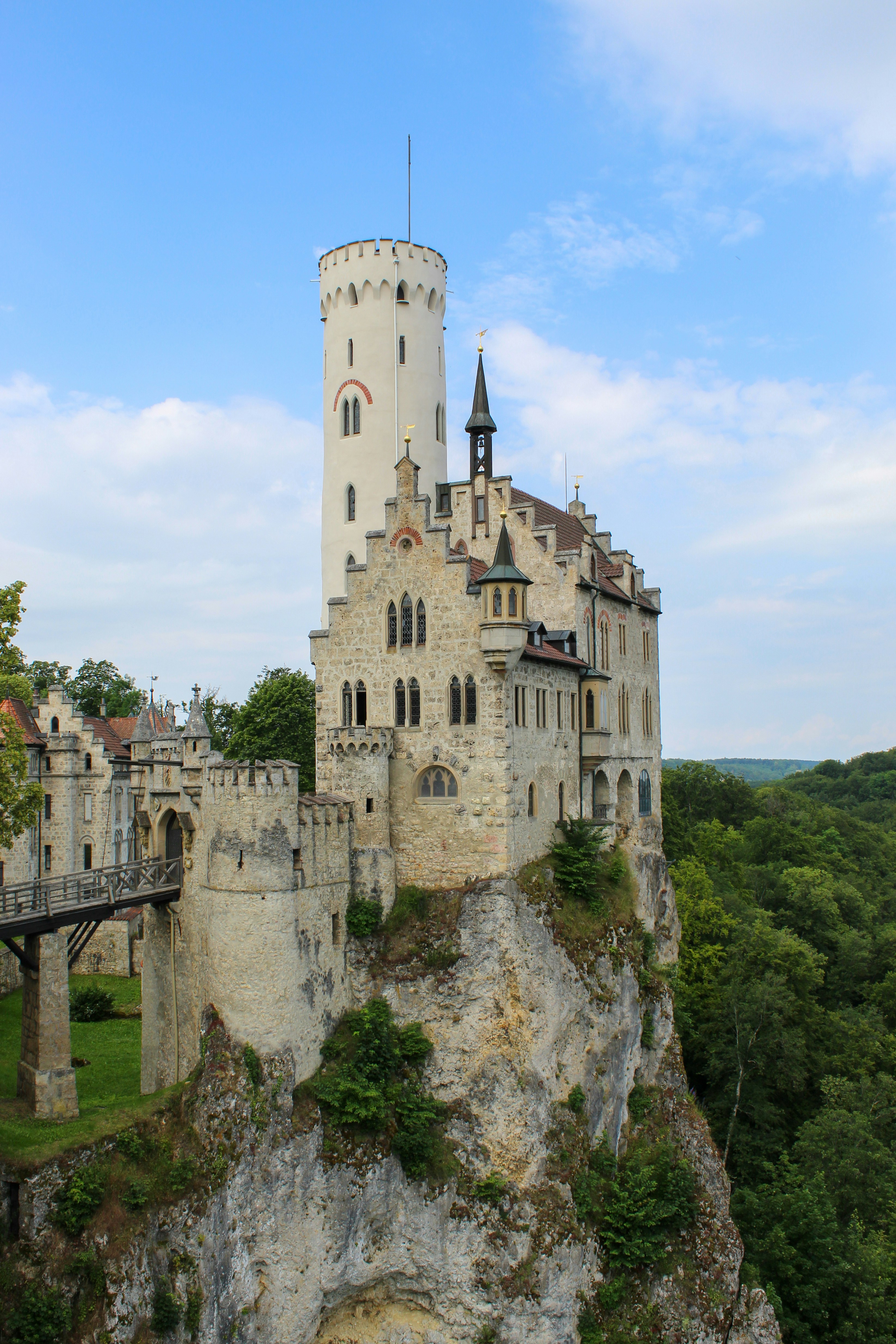 Historic castle perched on a rocky cliff surrounded by lush greenery, showcasing intricate architecture and a striking tower.