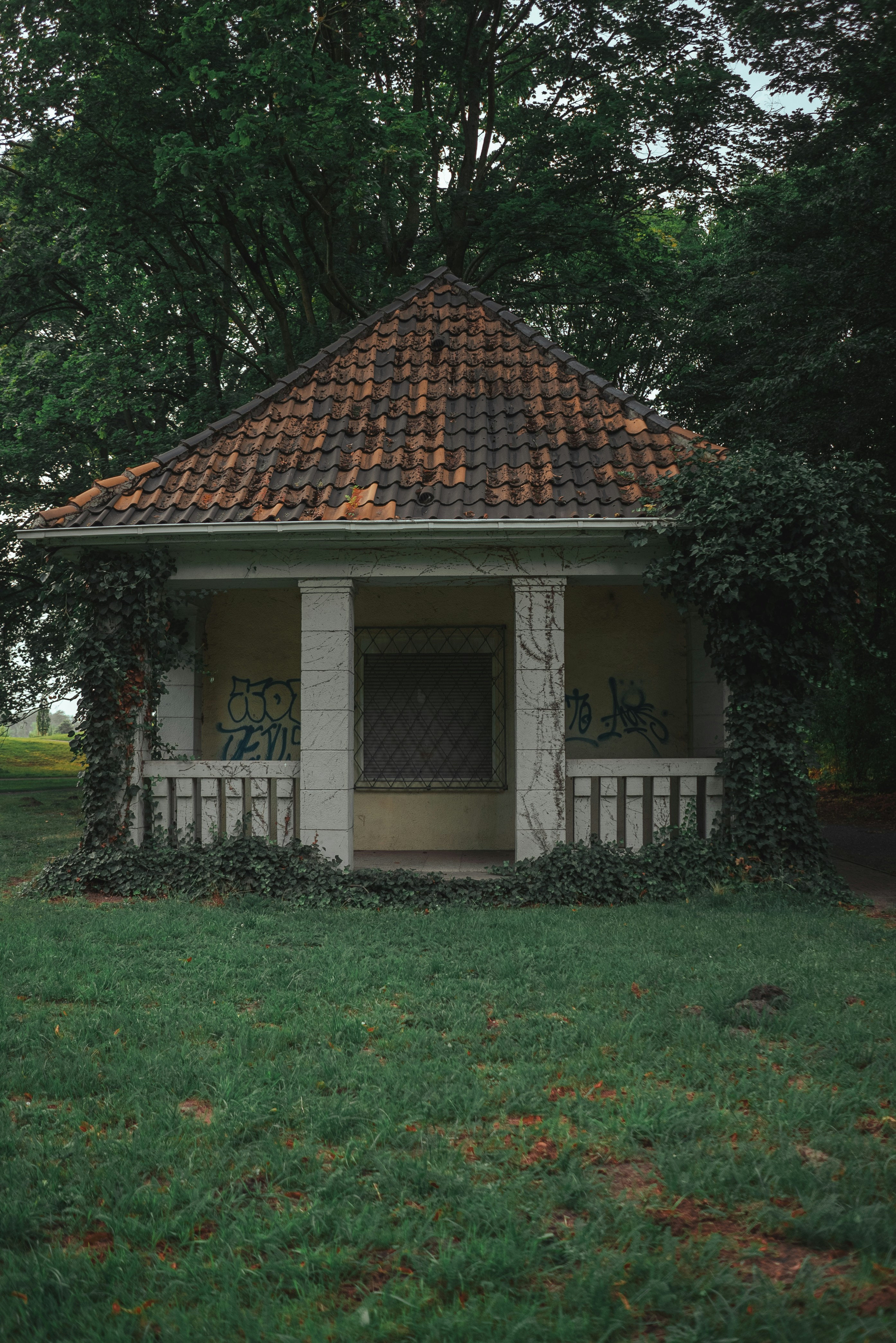 Photograph of an ivy-covered pavilion with graffiti and a weathered tile roof in a grassy park. The scene emphasizes decay and nature reclaiming the structure.