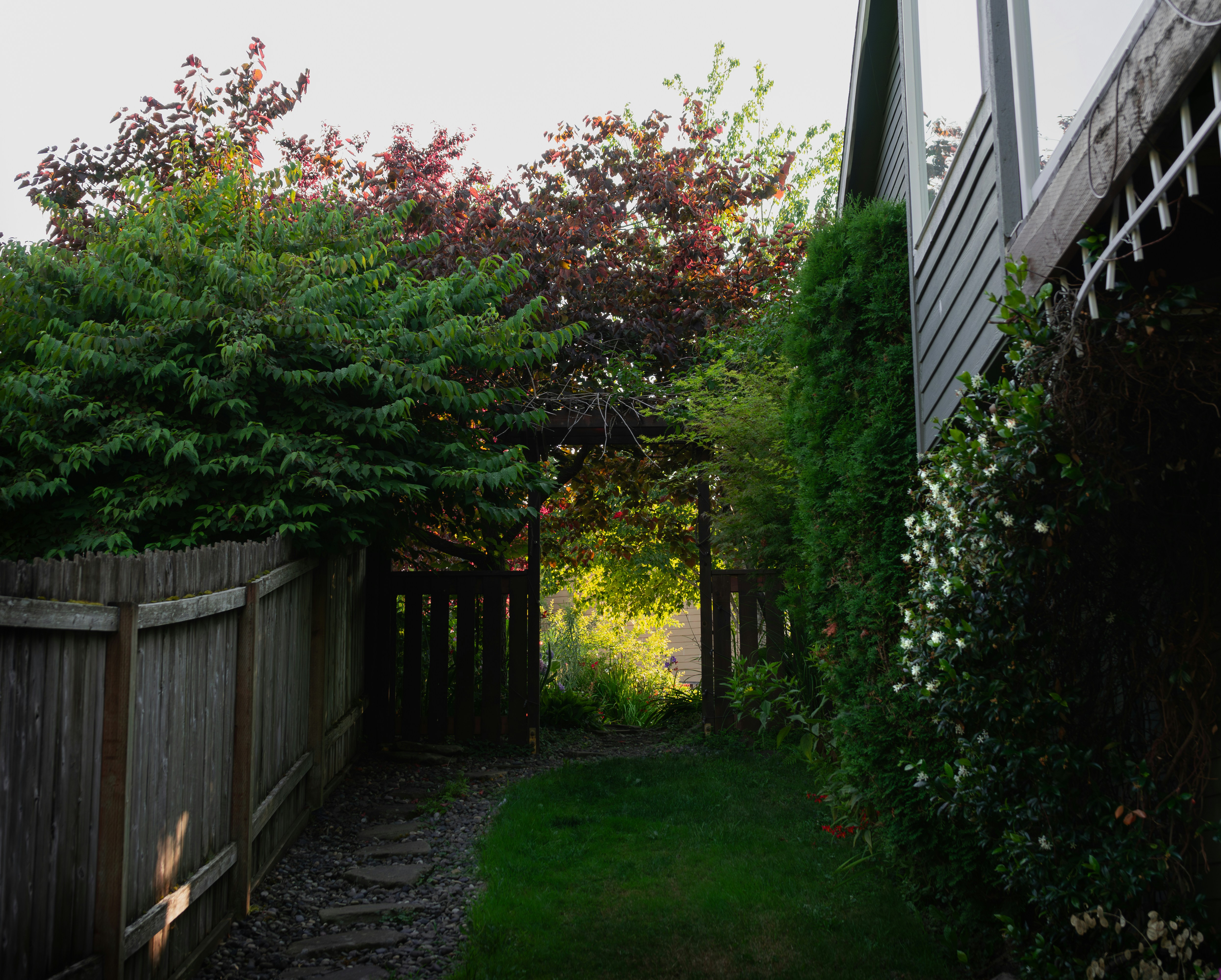 A wooden fence next to a house with a clock on it photo – Free Gresham ...
