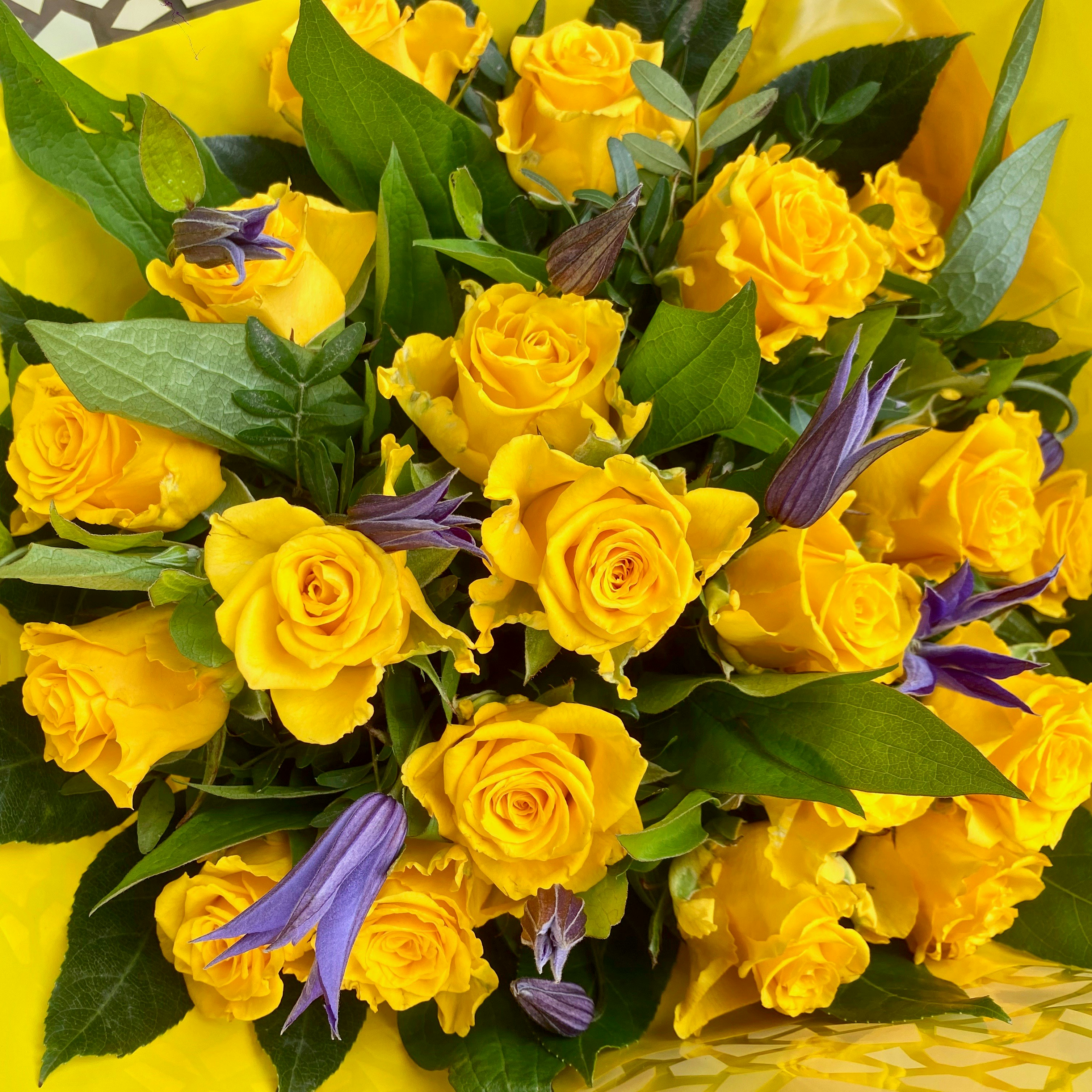 Golden Rose Mosaic: A Burst of Yellow Blooms with Purple Buds