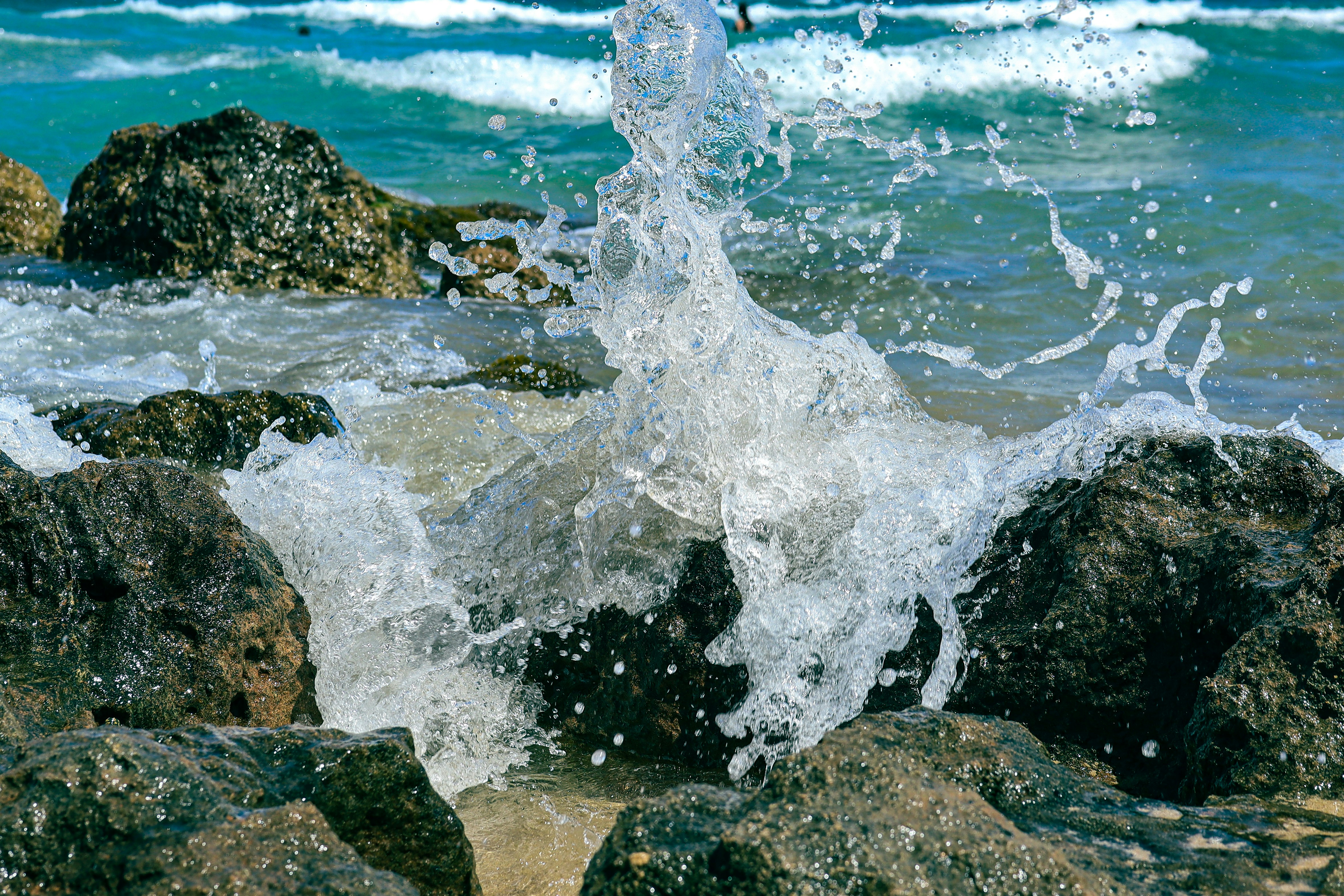 A bird is standing on some rocks near the water