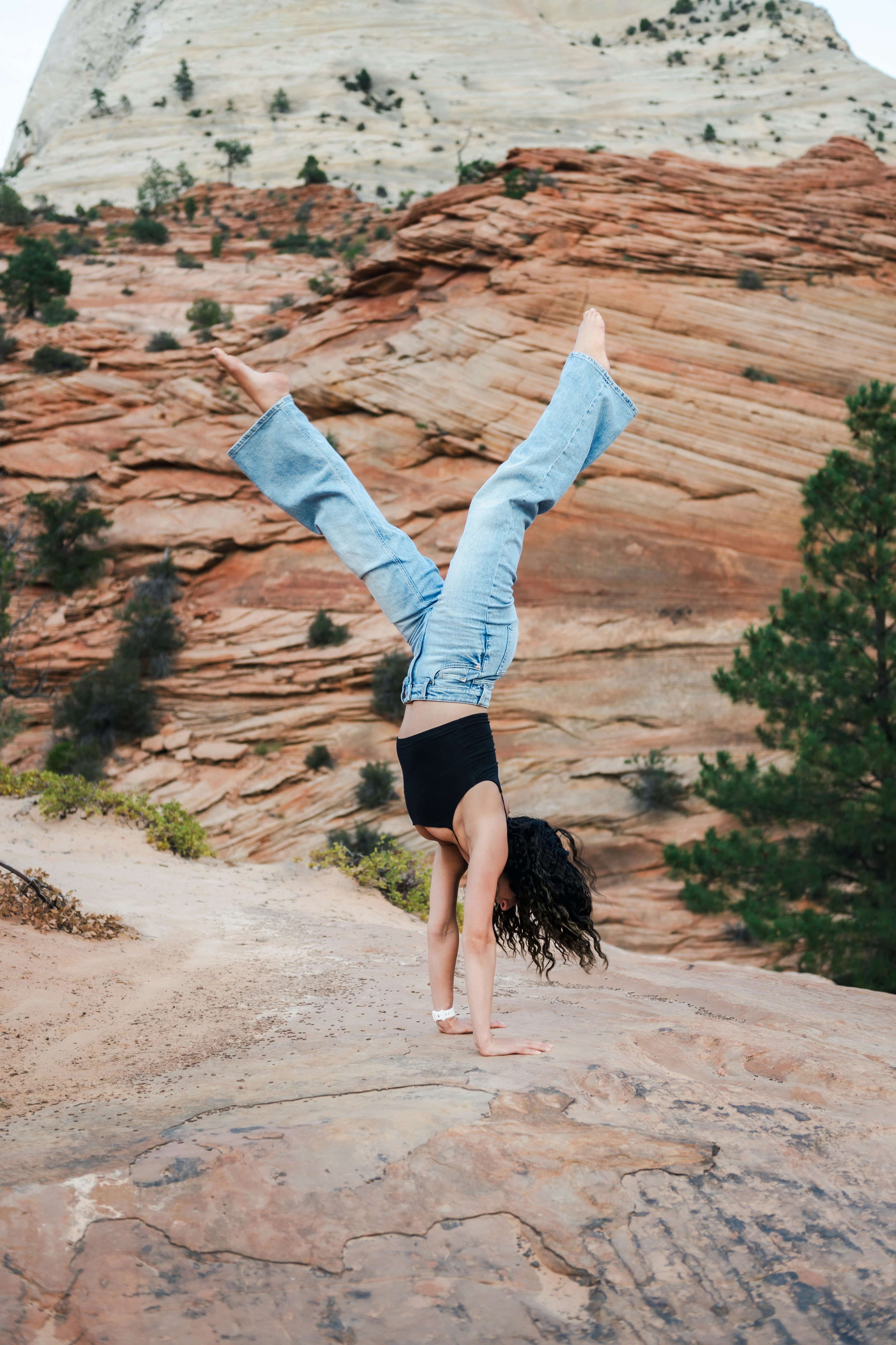 Person performing a handstand on a rocky landscape with layered sandstone formations and sparse trees.