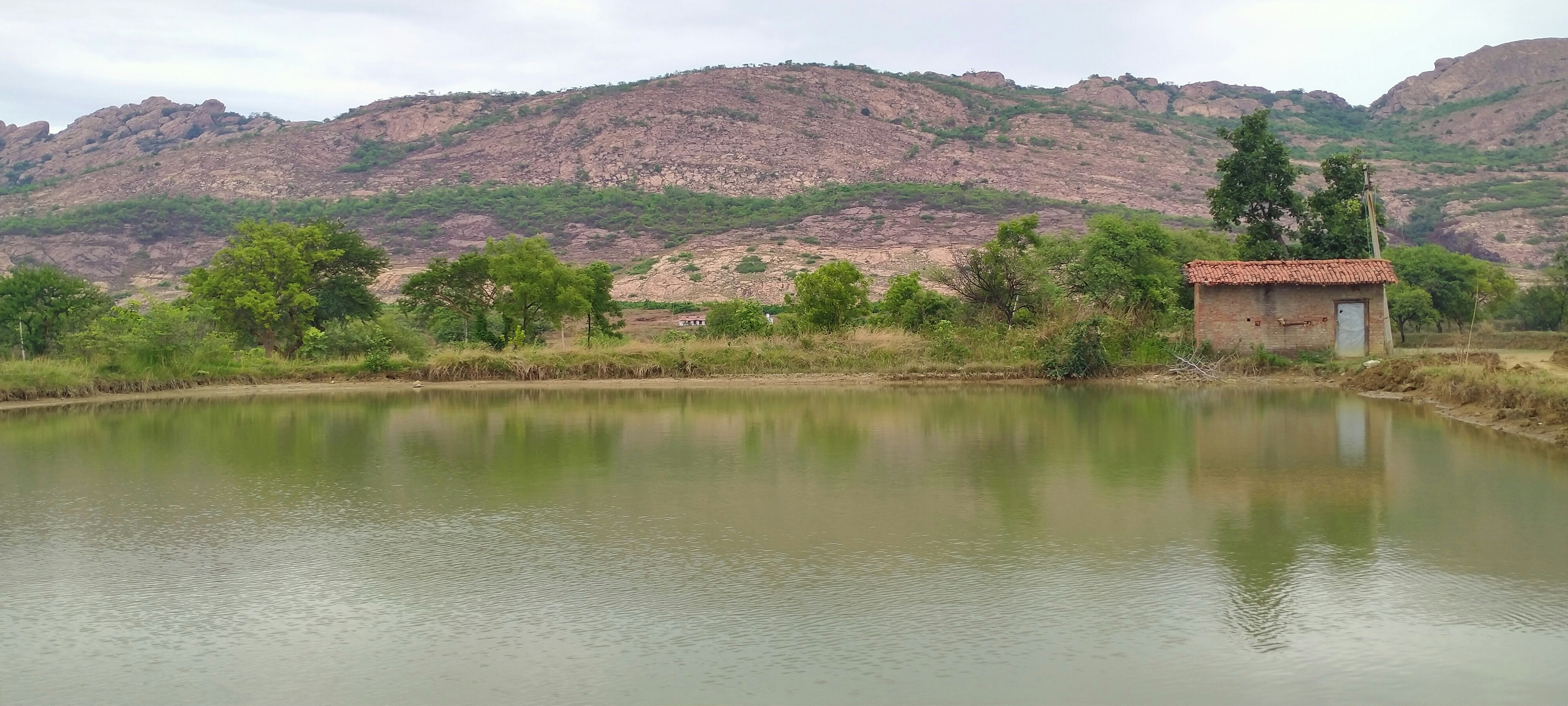 Photograph of a tranquil rural scene: a small hut by a calm pond, with tree-lined banks and distant red hills.