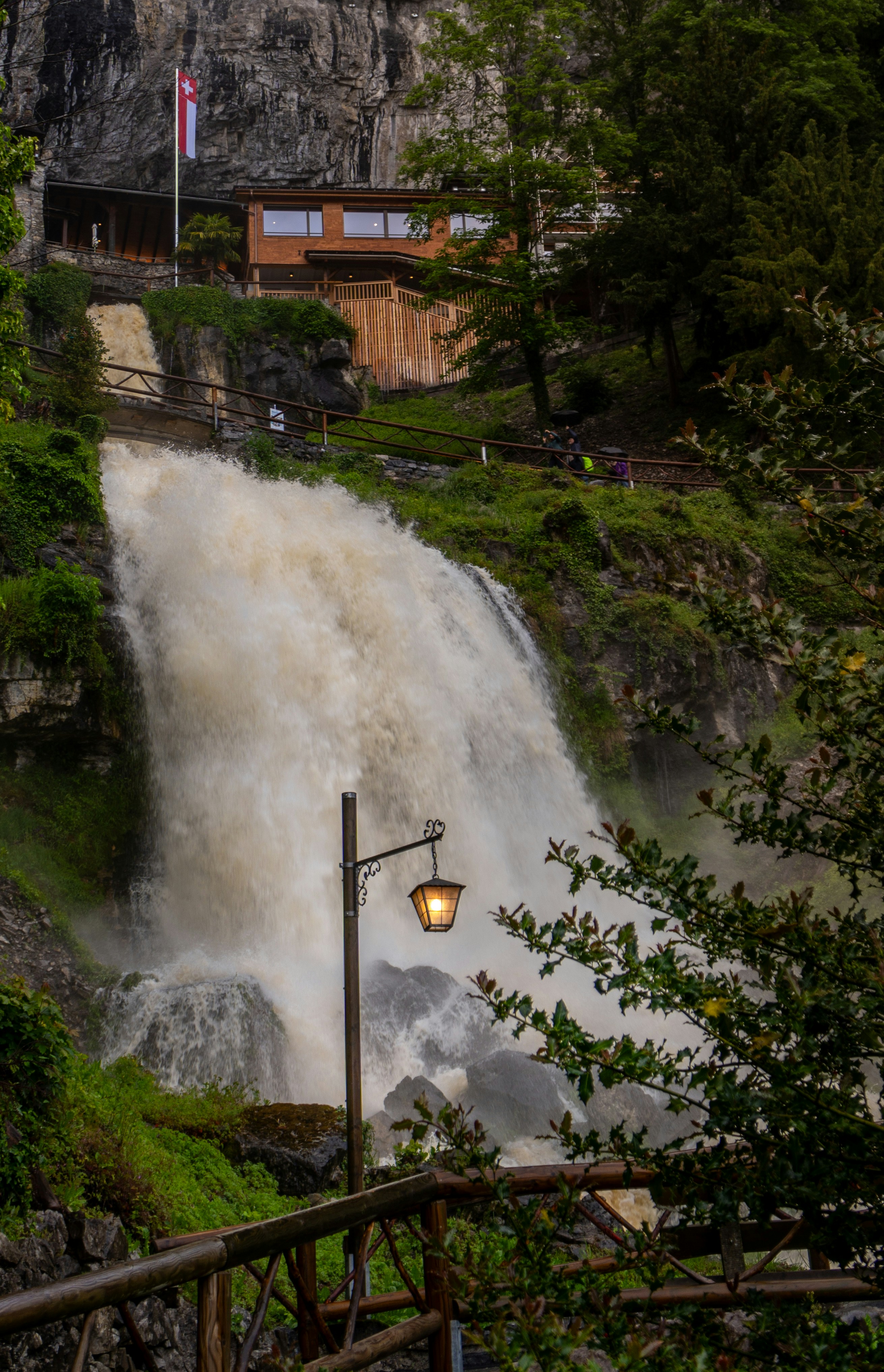 St. Beatus-Hohlen Cave was shut on this day, as the torrential rain was flooding all the rooms. The force and volume of water leaving the cave is shown by the power of this waterfall which flows directly from it.