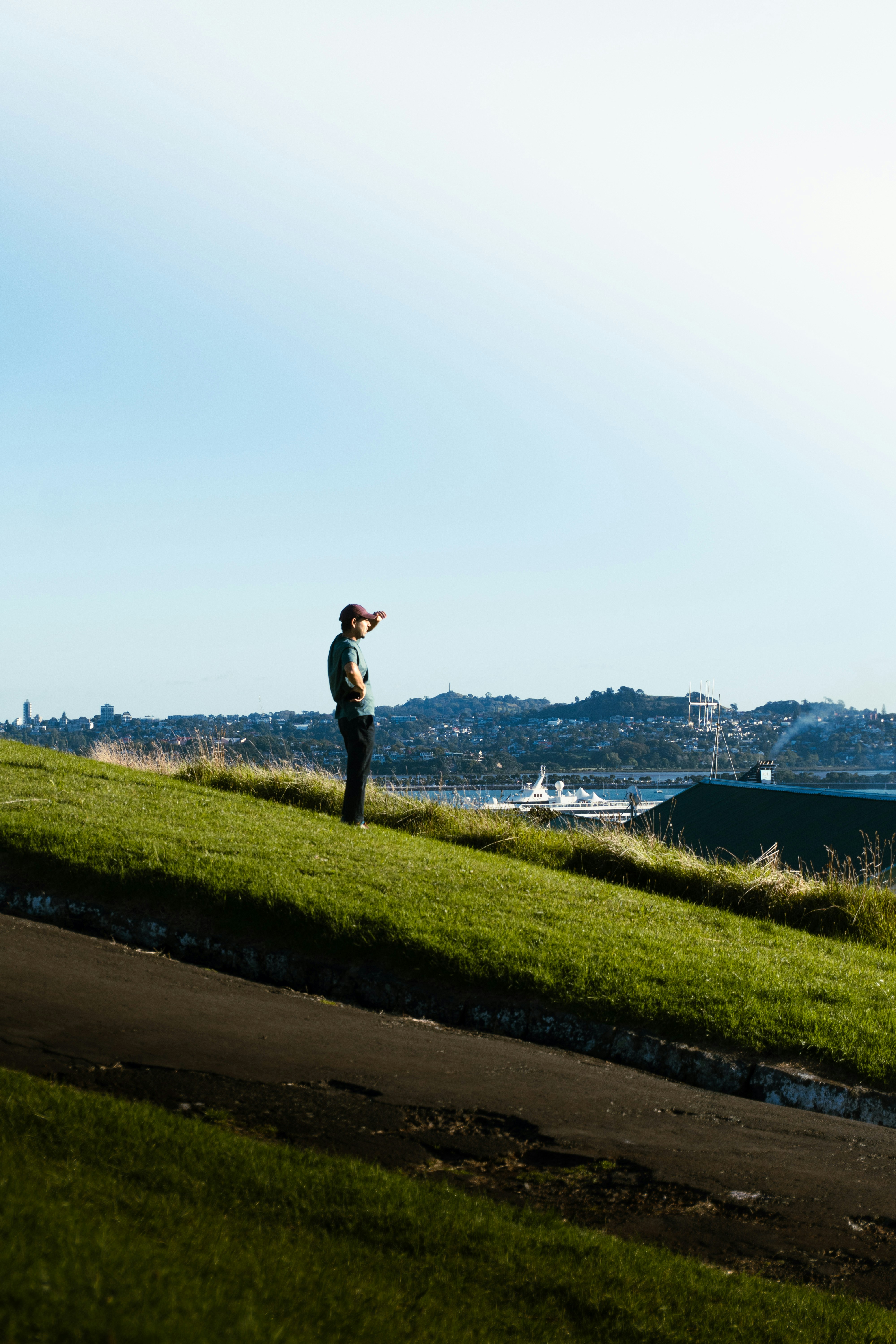 Harbor Vista: A Quiet Figure Pauses on a Sunlit Slope