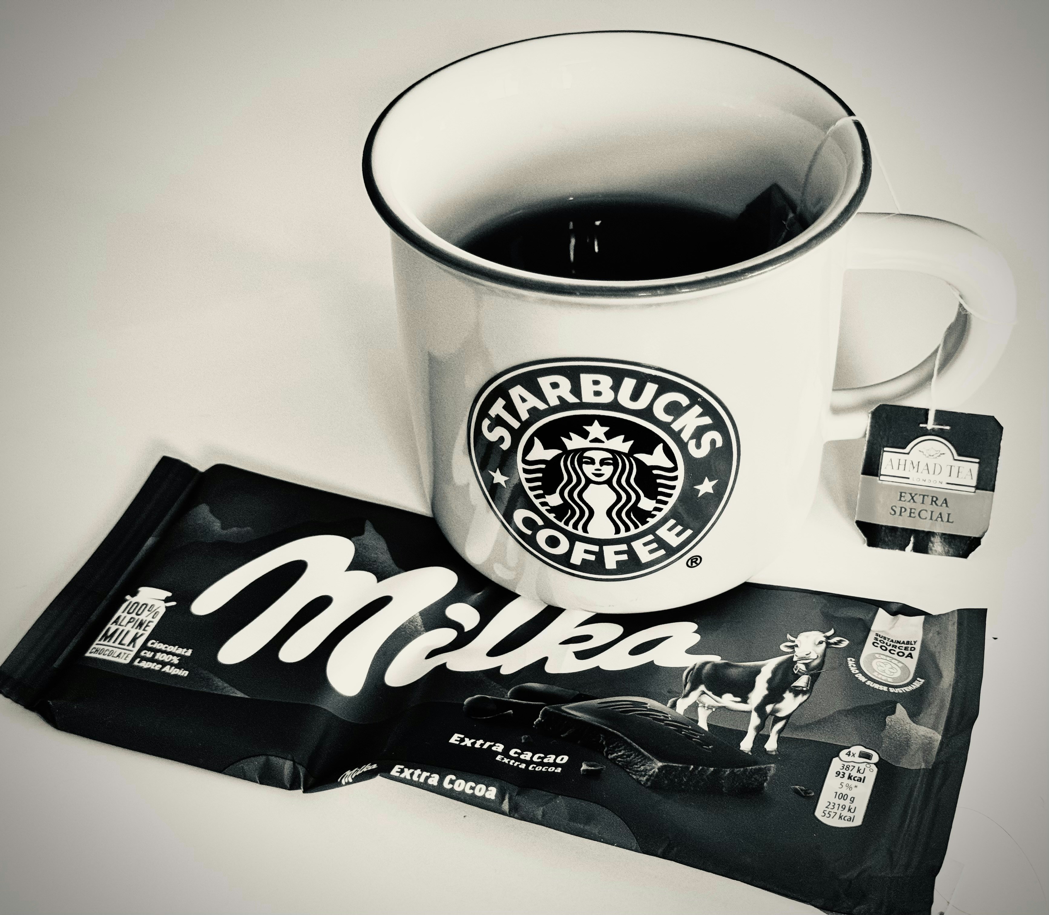 Monochrome Morning: Starbucks Mug and Milka Bar in Focus