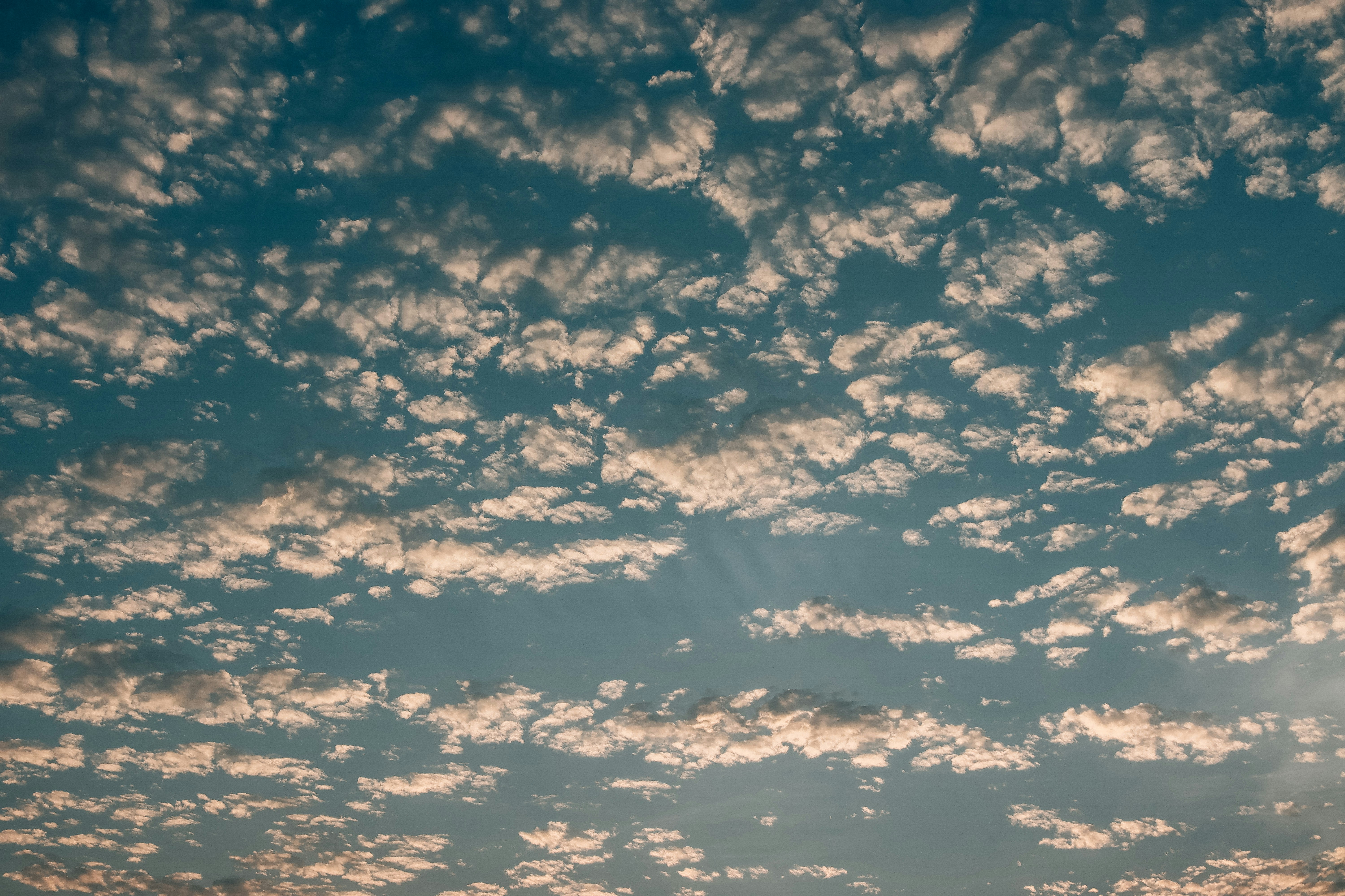 A vast expanse of sky filled with scattered clouds, showcasing a serene blend of blues and whites. The soft light creates a tranquil atmosphere.