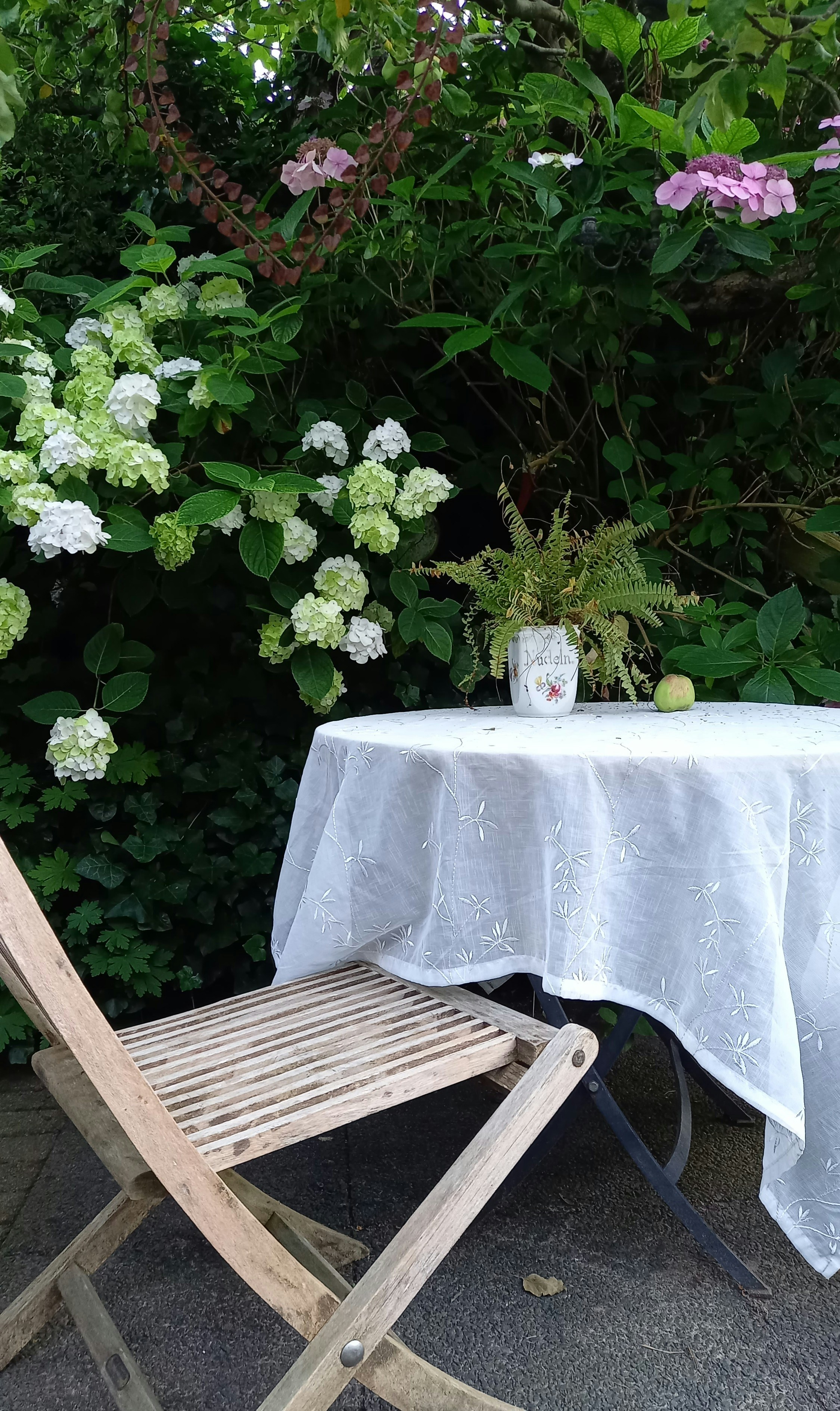 Sunlit garden table covered with a white cloth hosts a small vase of greens and a lone apple, set among lush hydrangea blossoms. This photograph captures a calm outdoor vignette against a leafy backdrop.
