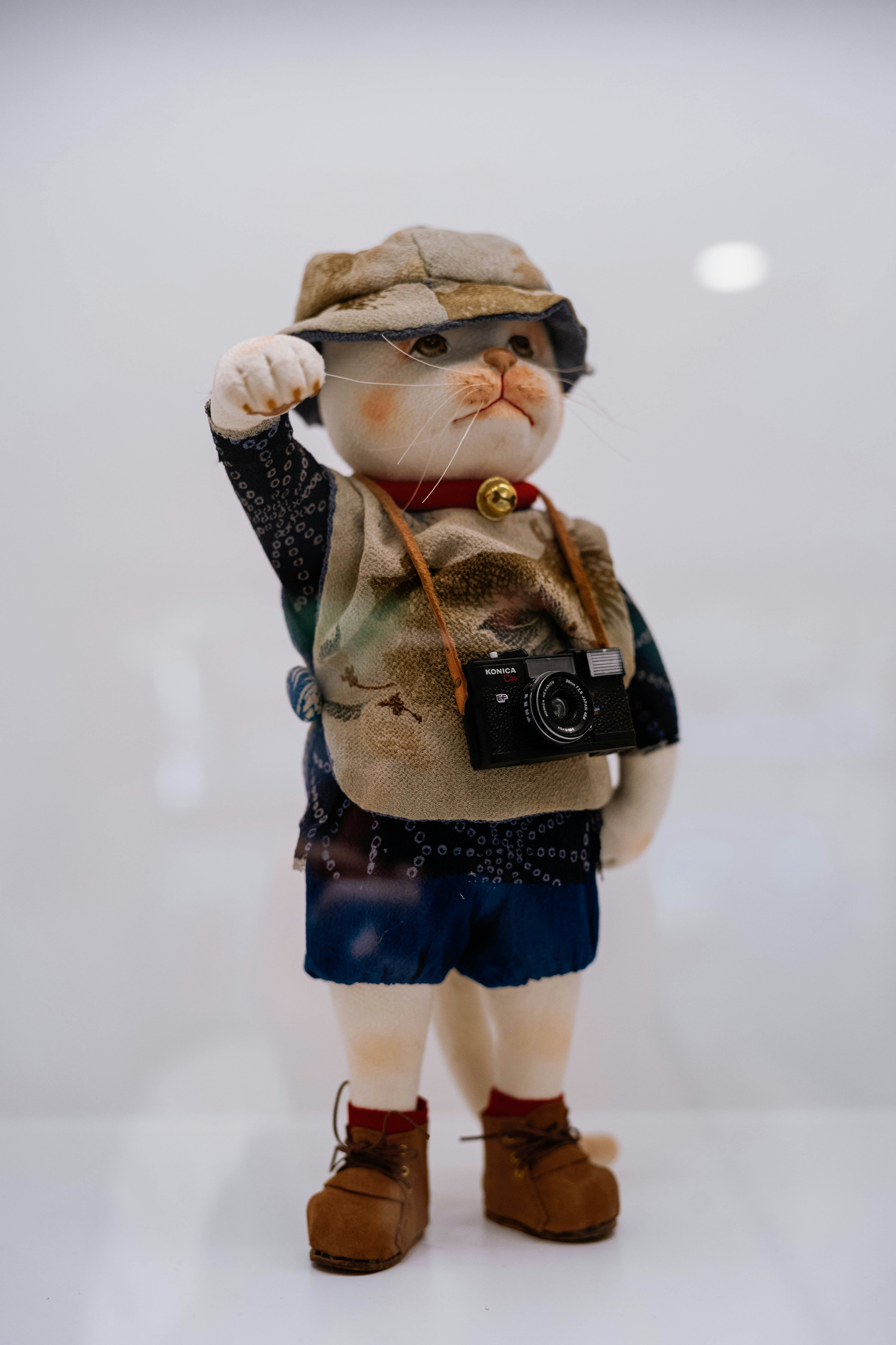 A cat figurine holding a camera and wearing a hat