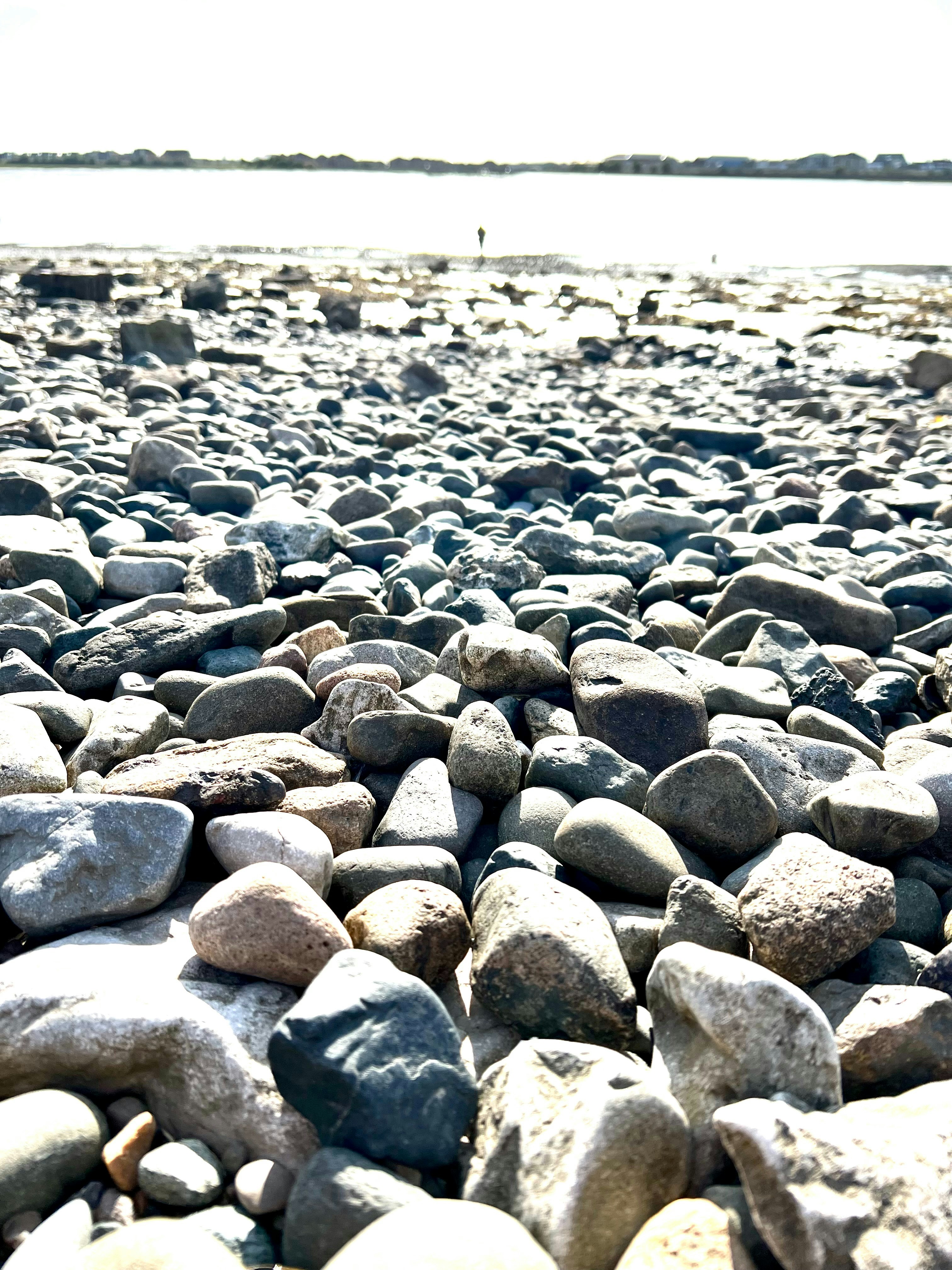 Ground-level Mosaic: Stones march toward a distant figure on the horizon