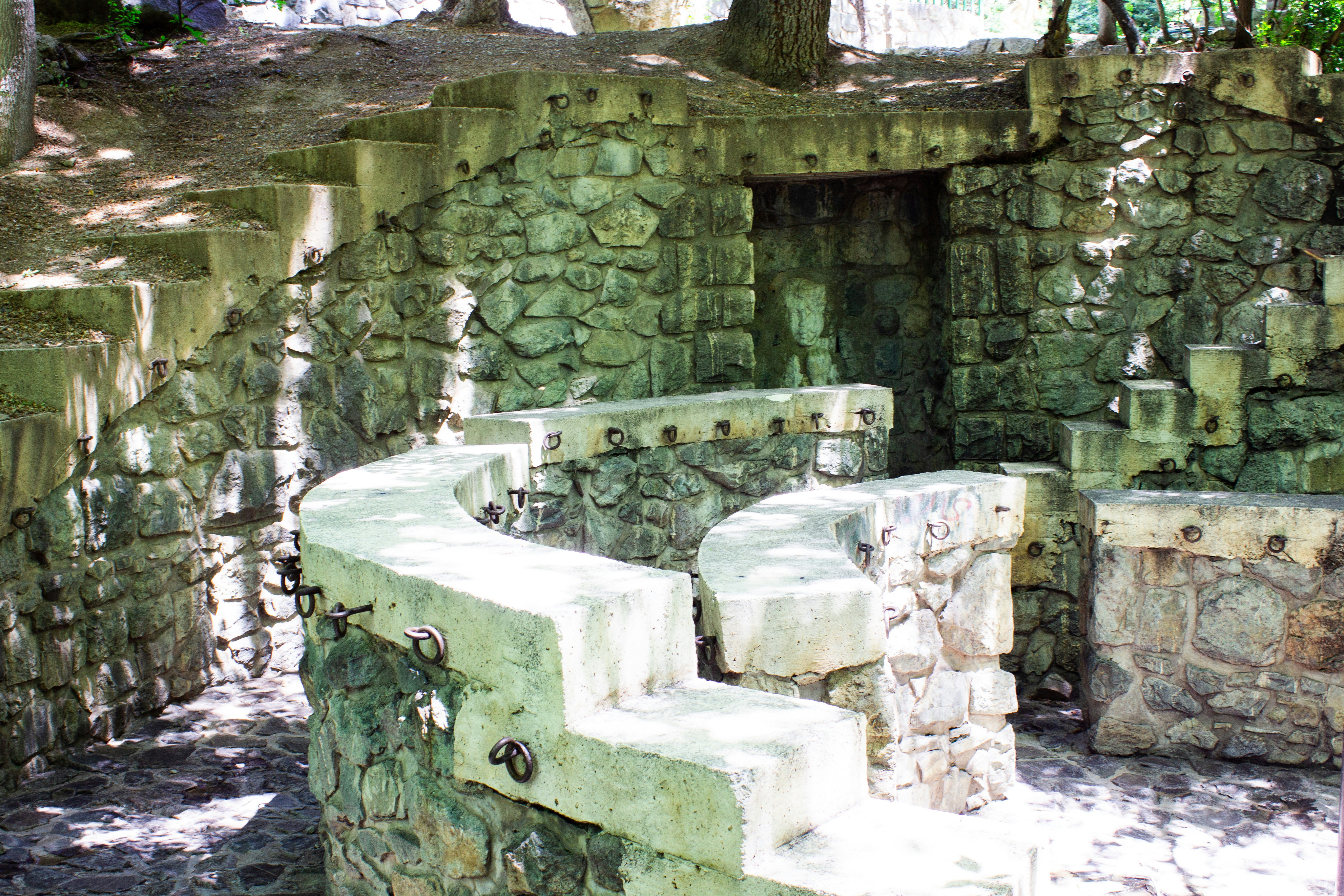 Curved stone pathways lead through a serene, sun-dappled garden structure, showcasing natural textures and architectural elements.