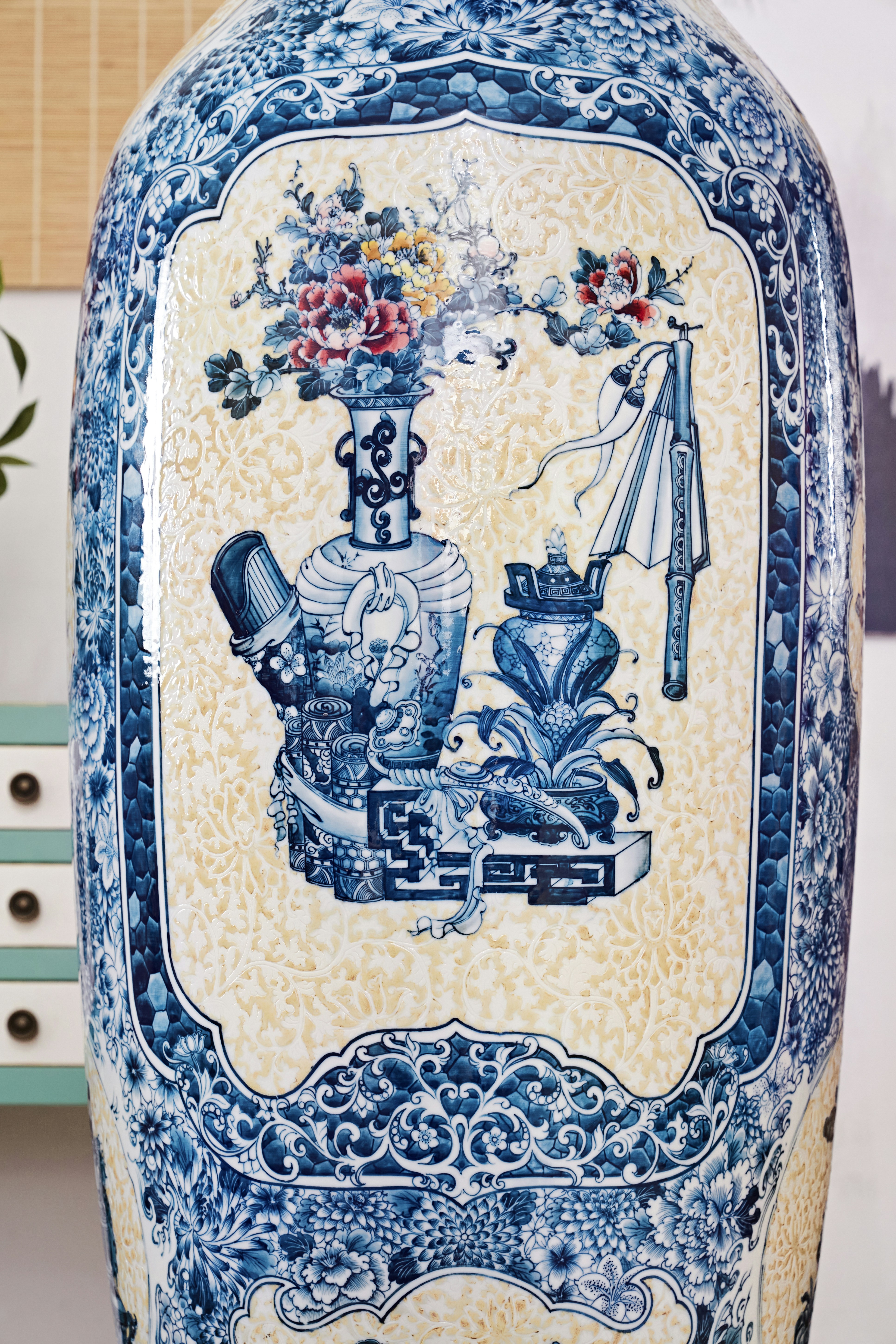 Cerulean Glyphs: A Close-Up on a Blue-and-White Vase Panel