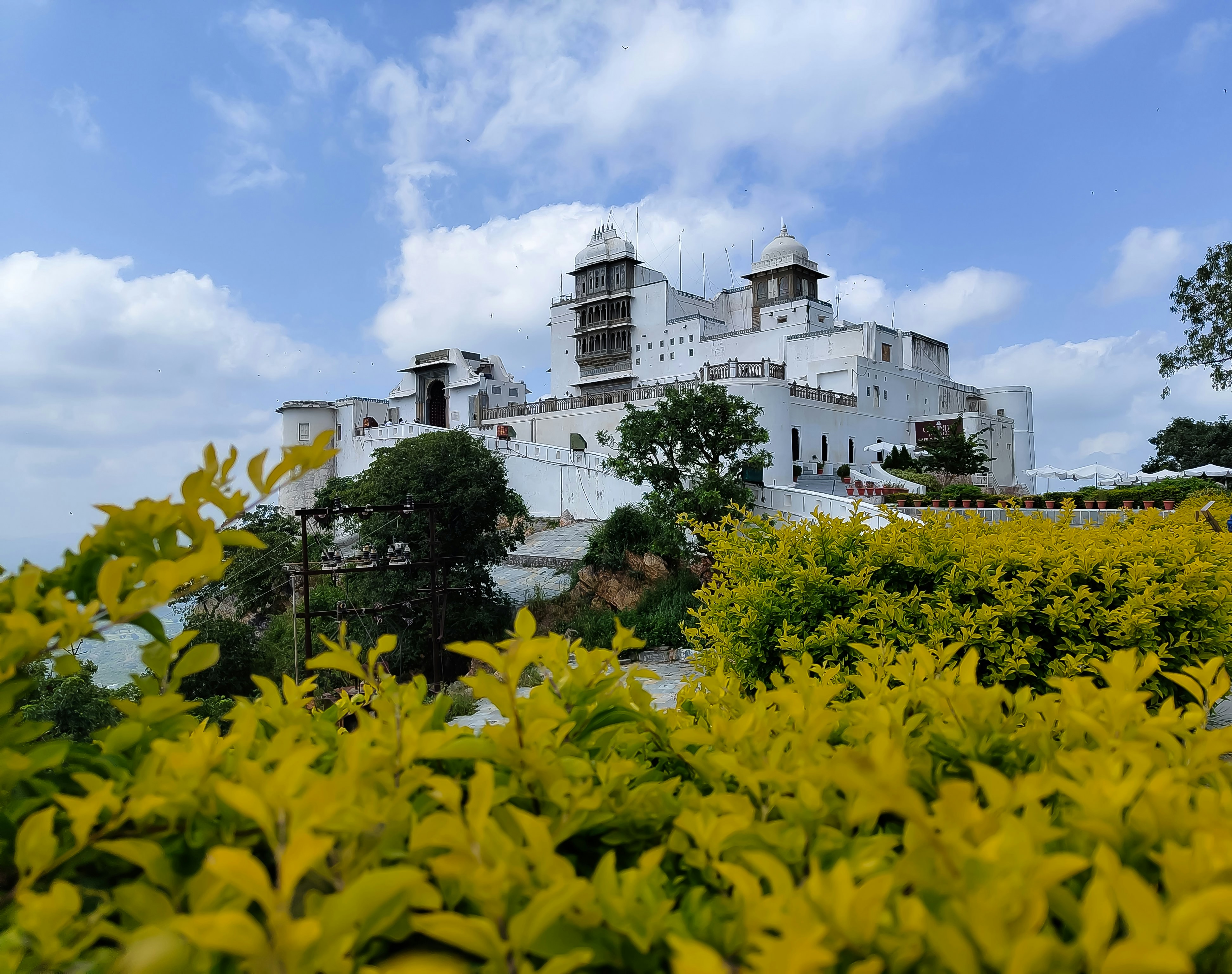 White Fortress Rising Above Golden-Flowered Terrace