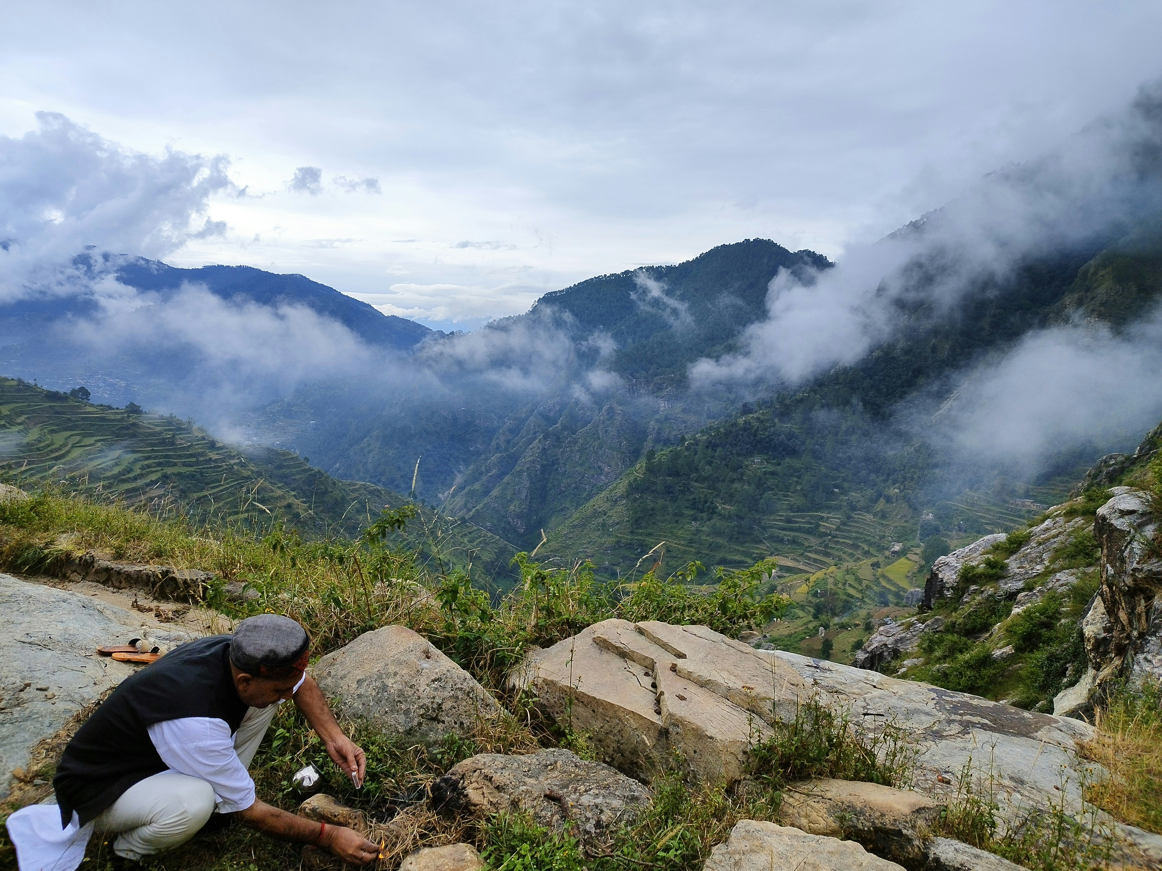 Ridgetop Labors: Shaping Terraces Beneath Misty Peaks