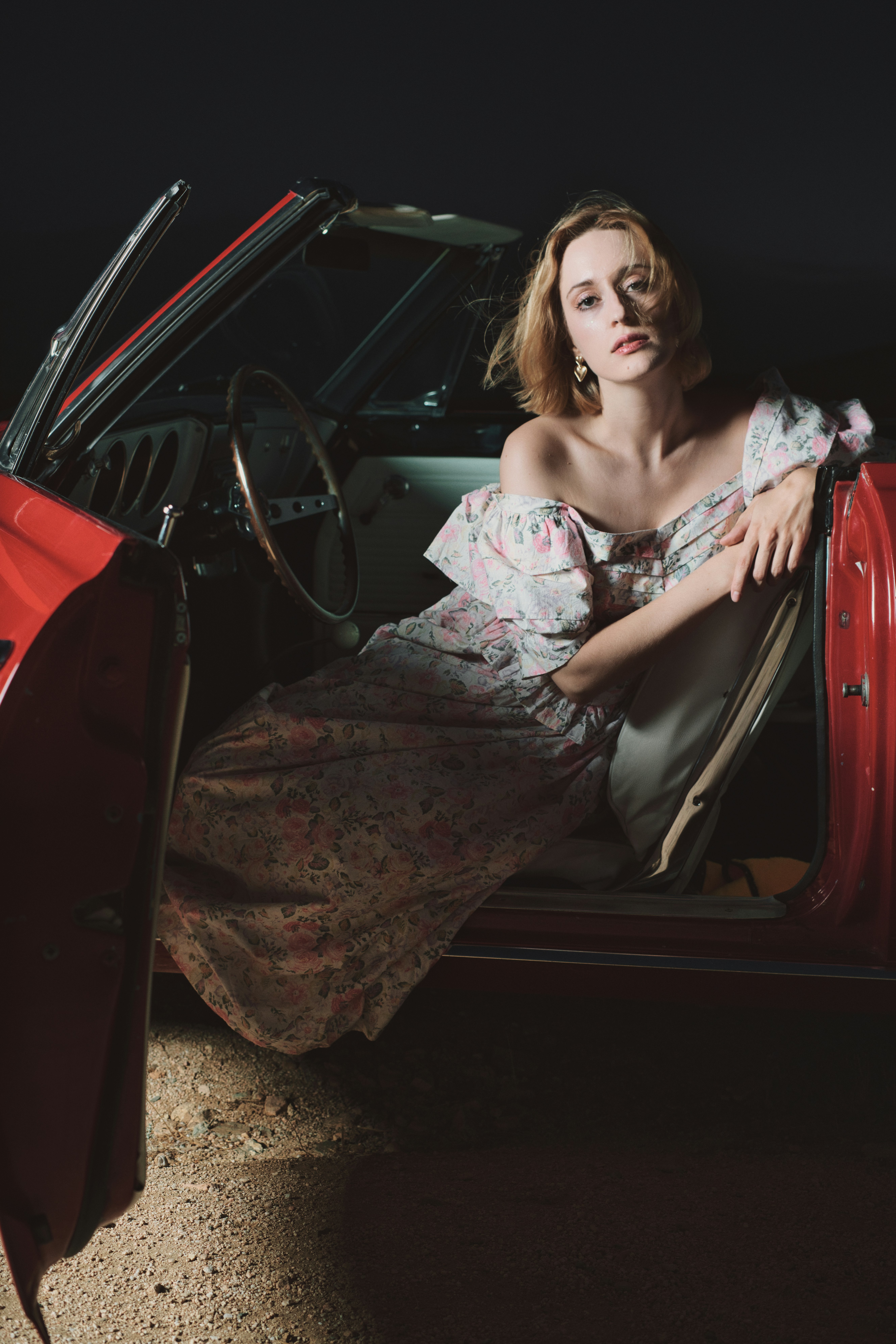 Floral Silhouette in a Vintage Red Convertible