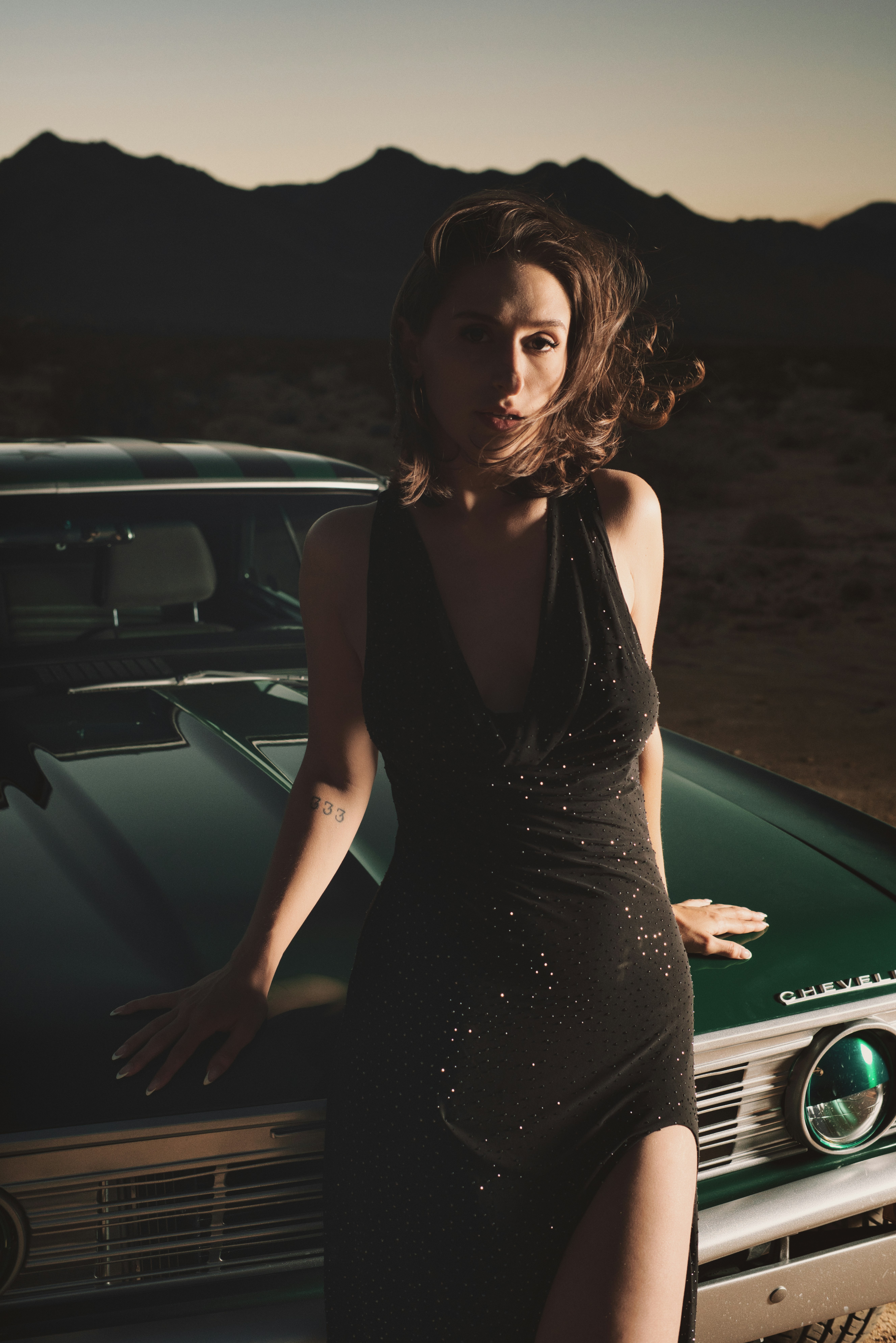 Desert Sunset Portrait: Velvet Dress by a Vintage Chevrolet