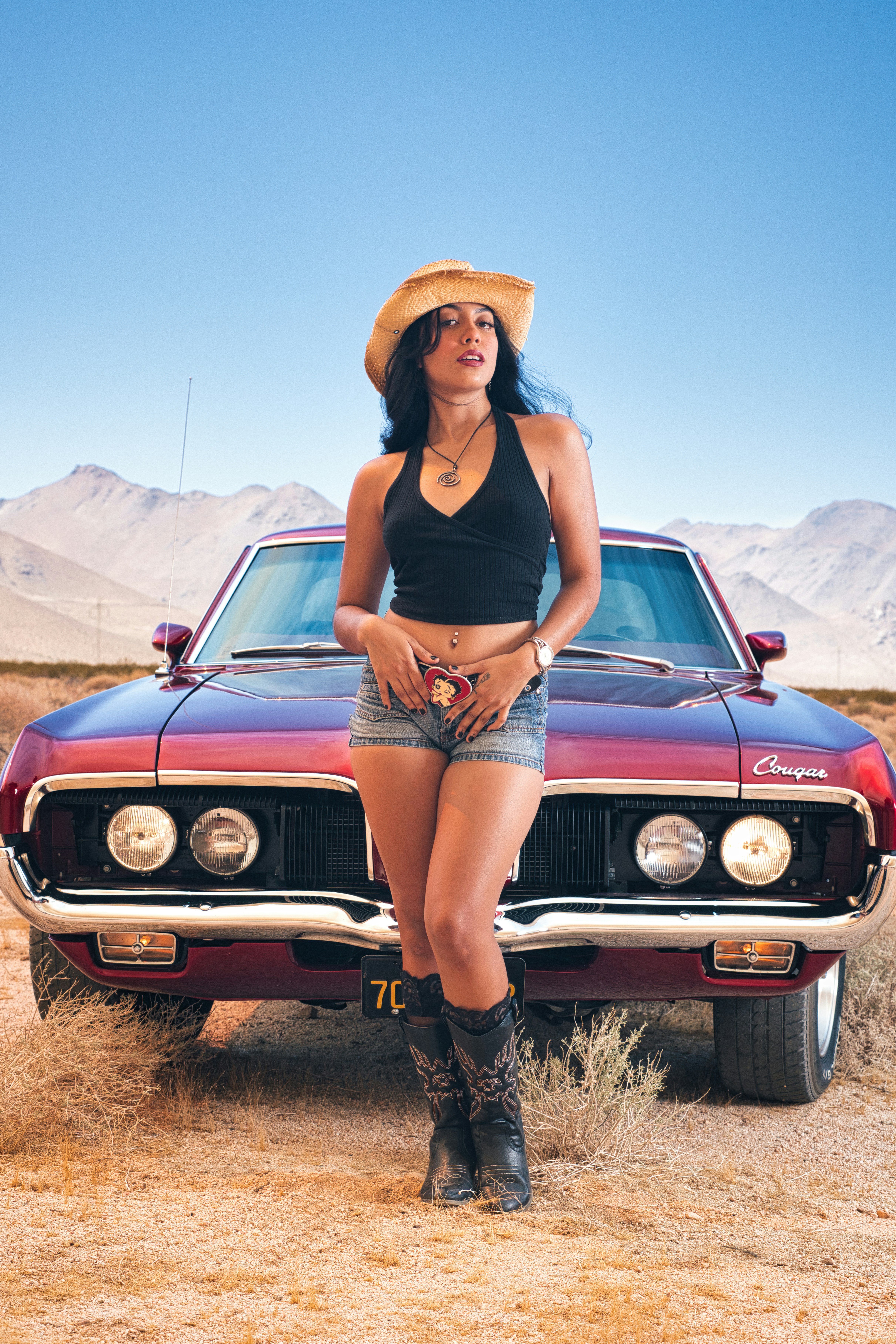 Crimson Cougar Portrait: A Desert Moment Before a Classic Muscle