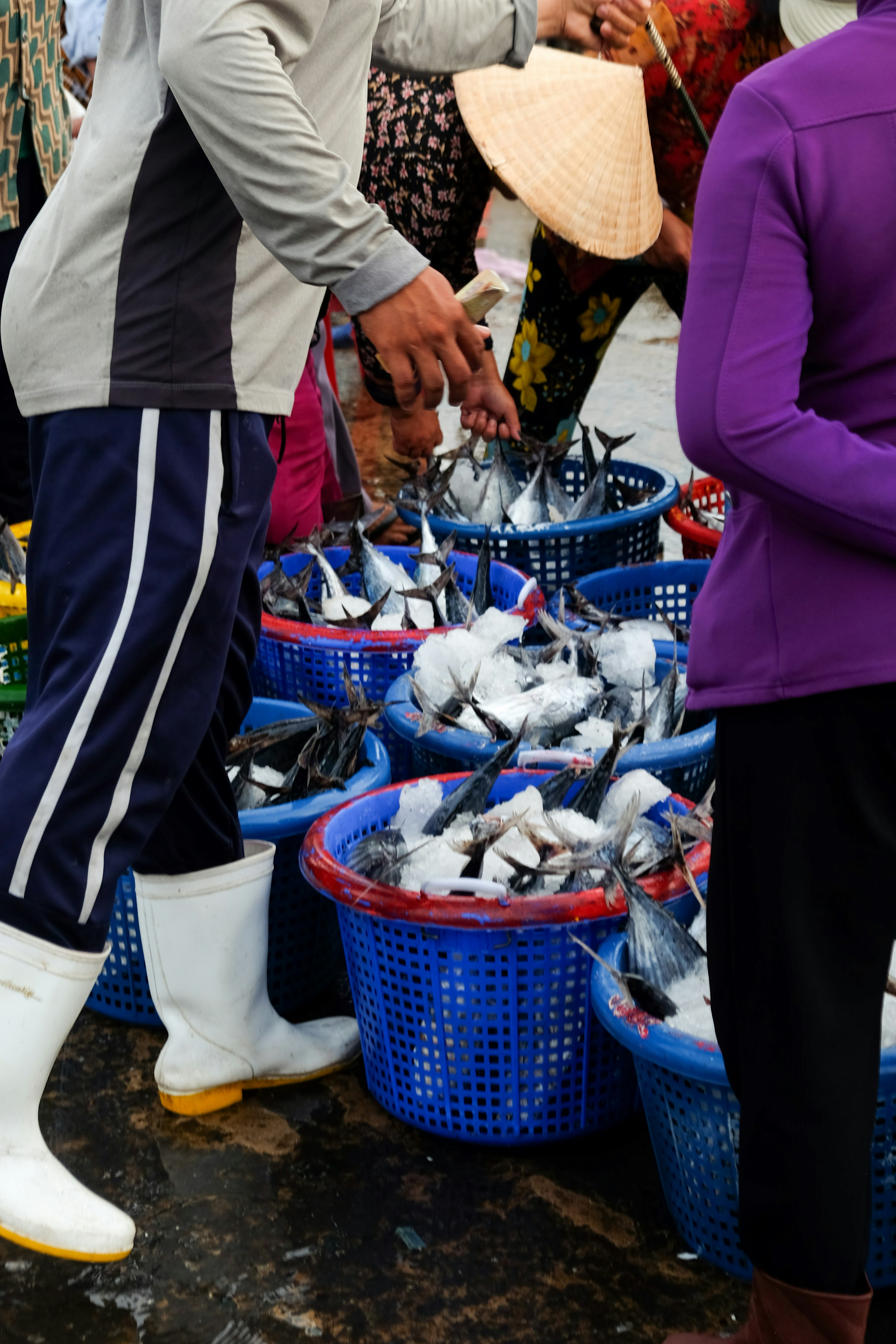 A group of people standing around buckets of food photo – Free Vietnam ...