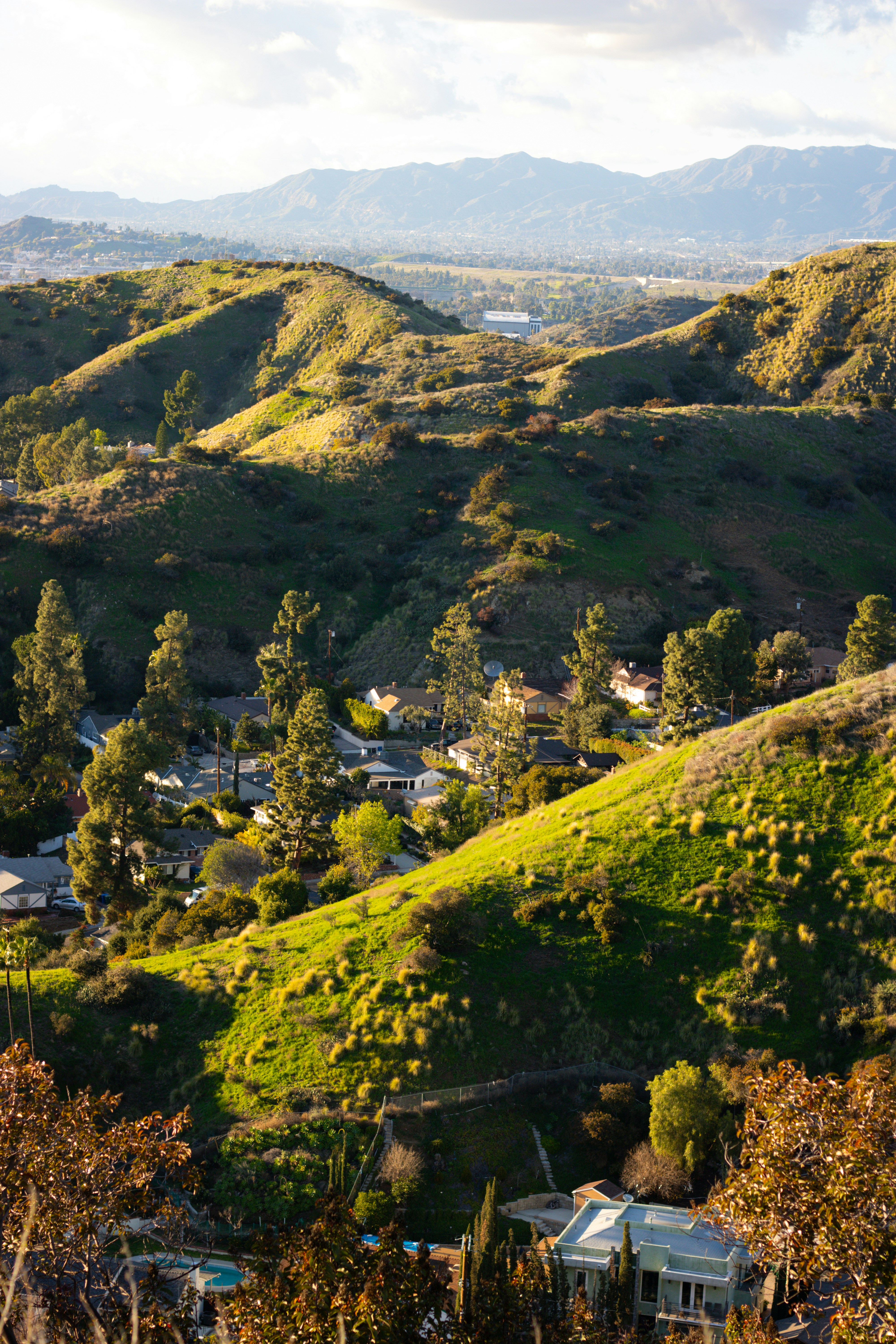 Rolling green hills with scattered houses under a partly cloudy sky.