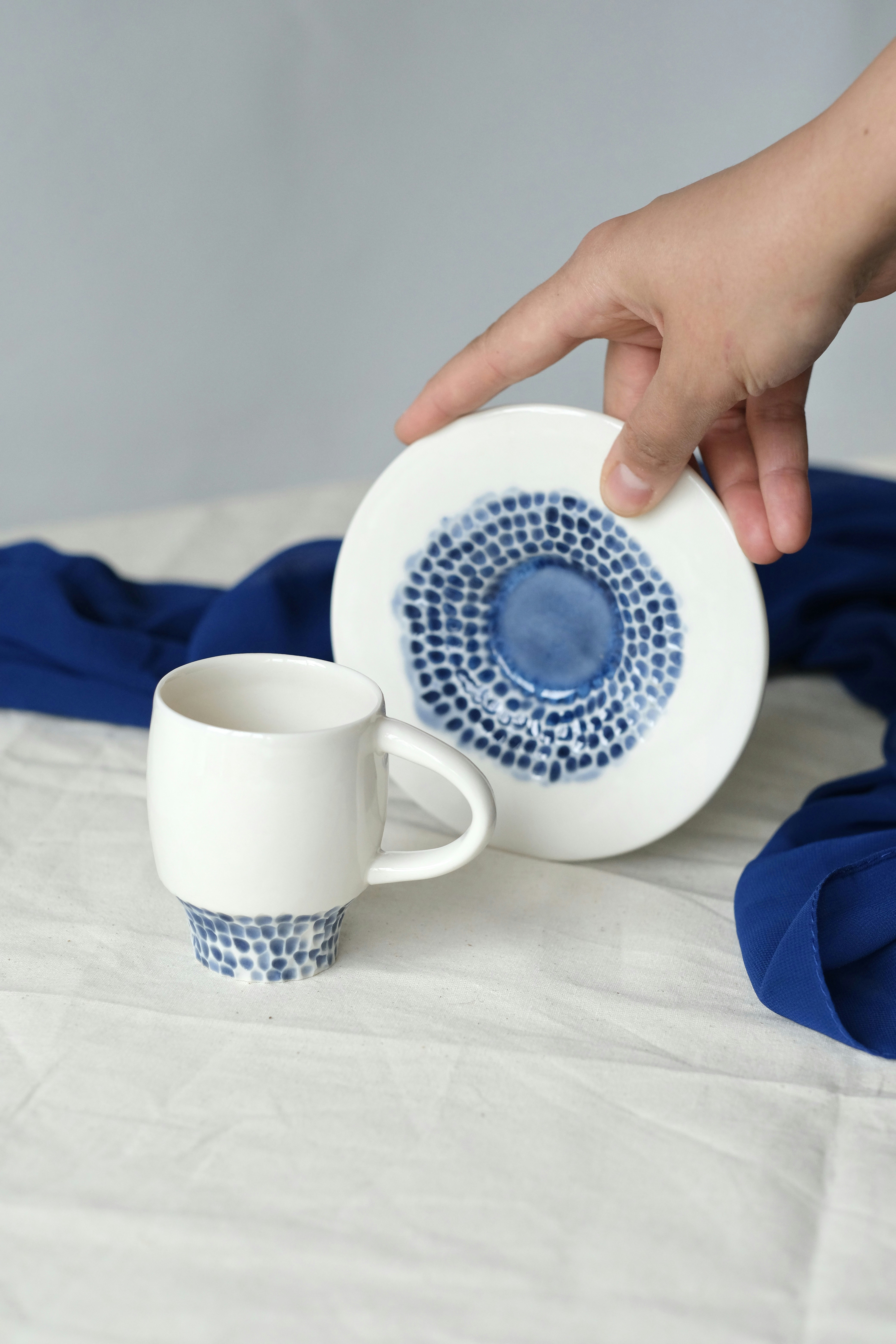 Hand-Lifted Delft Pattern: Quiet Still-Life with Plate and Mug