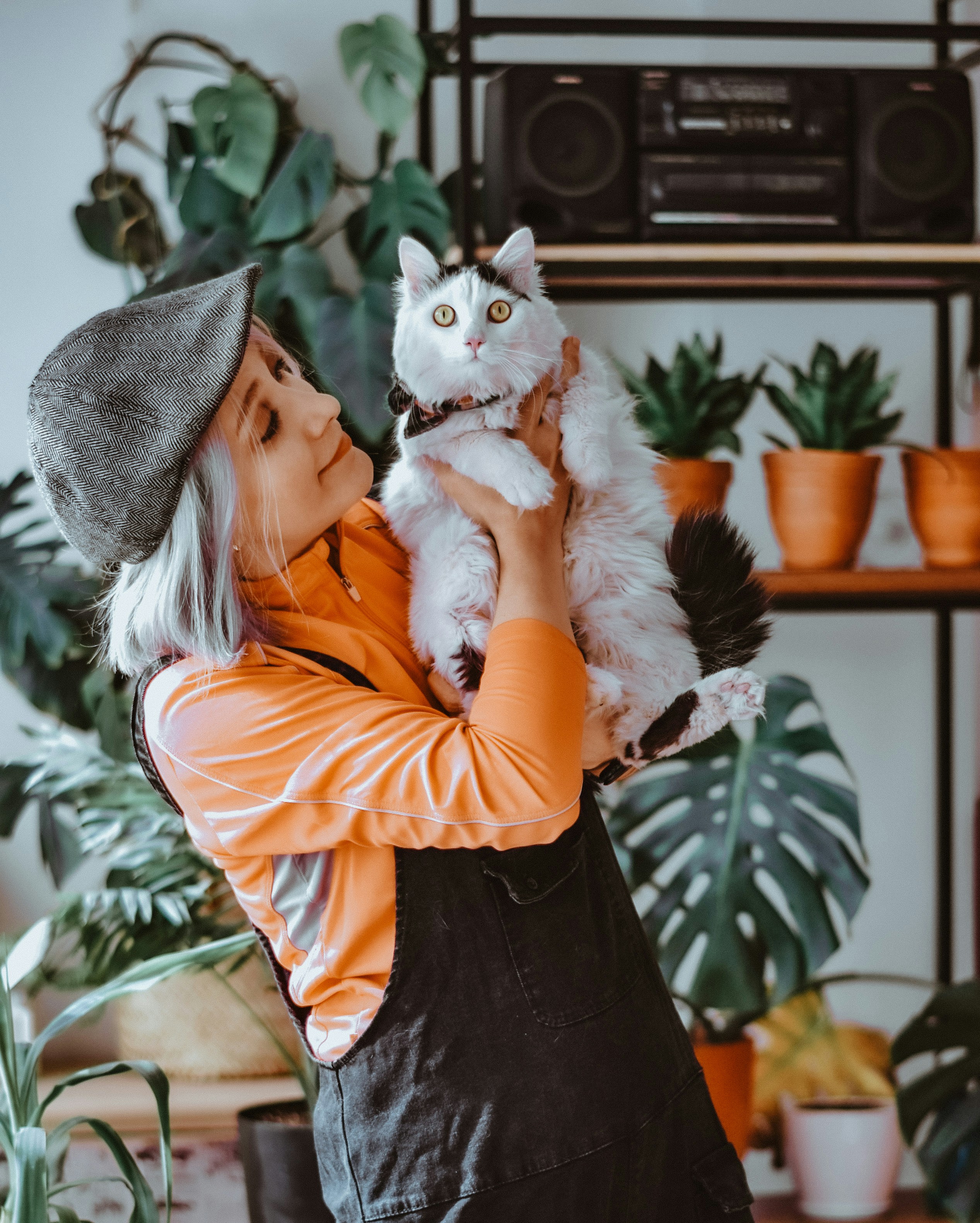 Whiskers in Focus: A Cozy Plant-Laden Moment with Cat and Owner