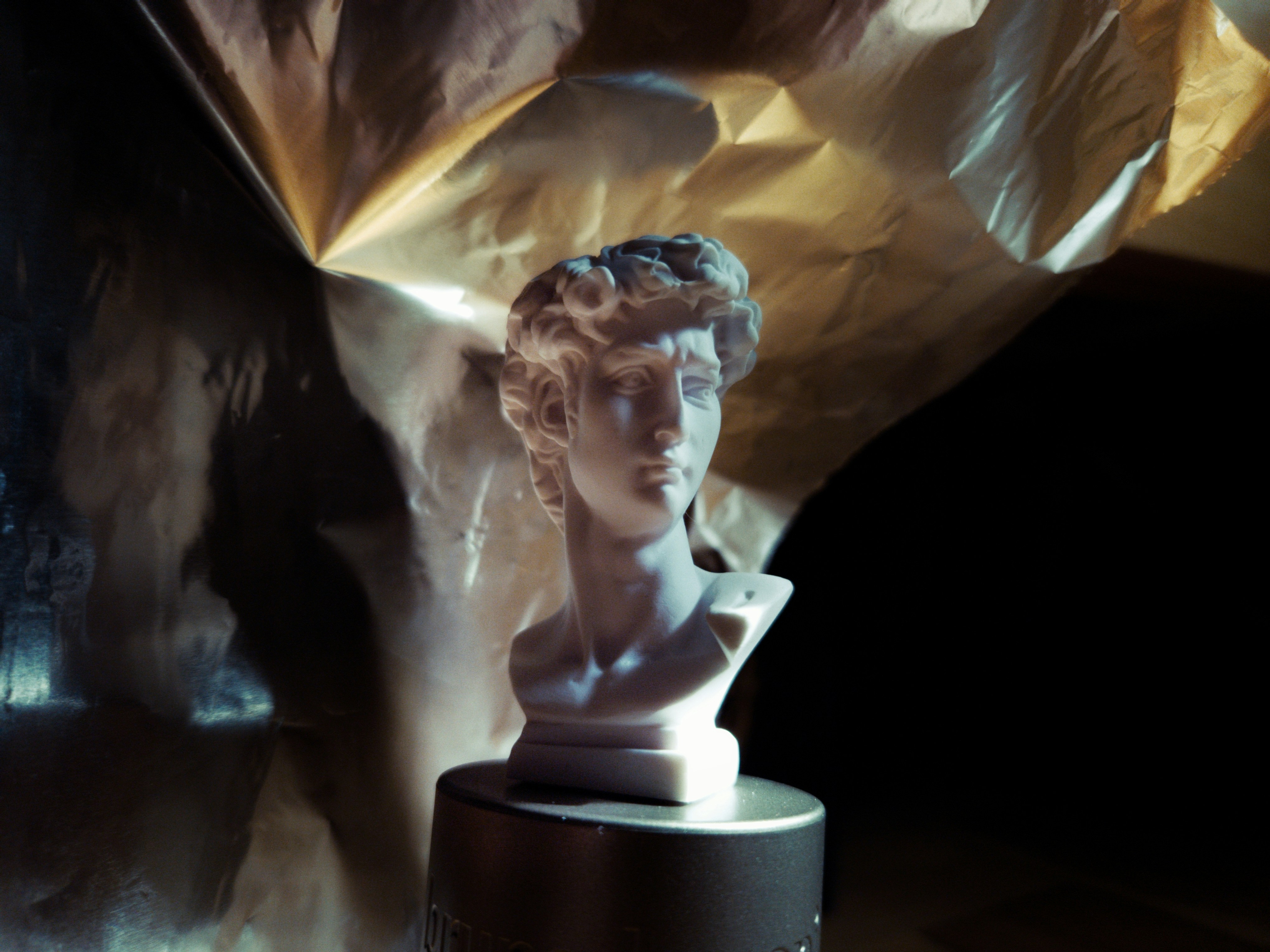 Statue Bust in Studio Light under Metallic Foil Backdrop
