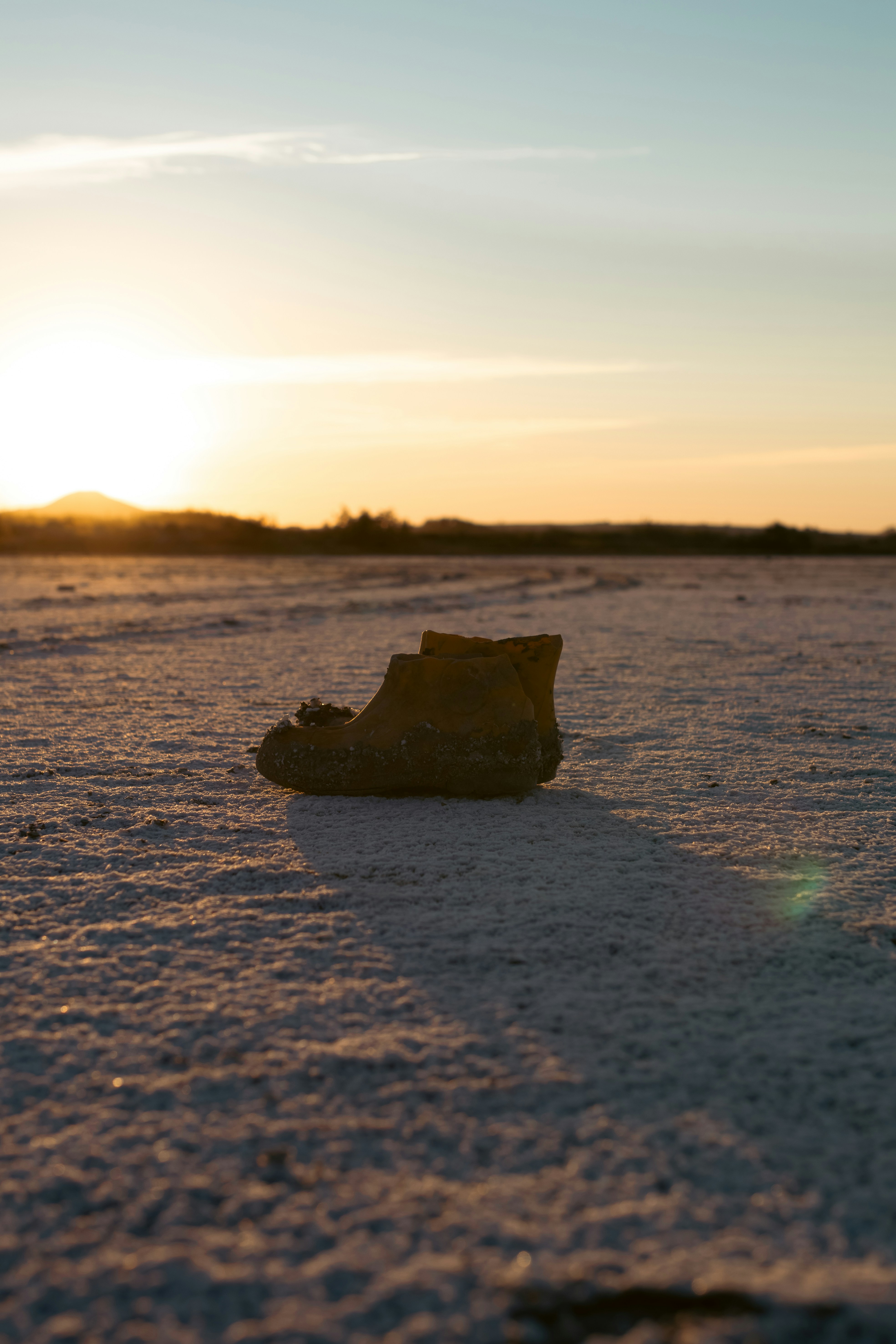 Lone Boot on a Frost-Cooled Plain at Sunset