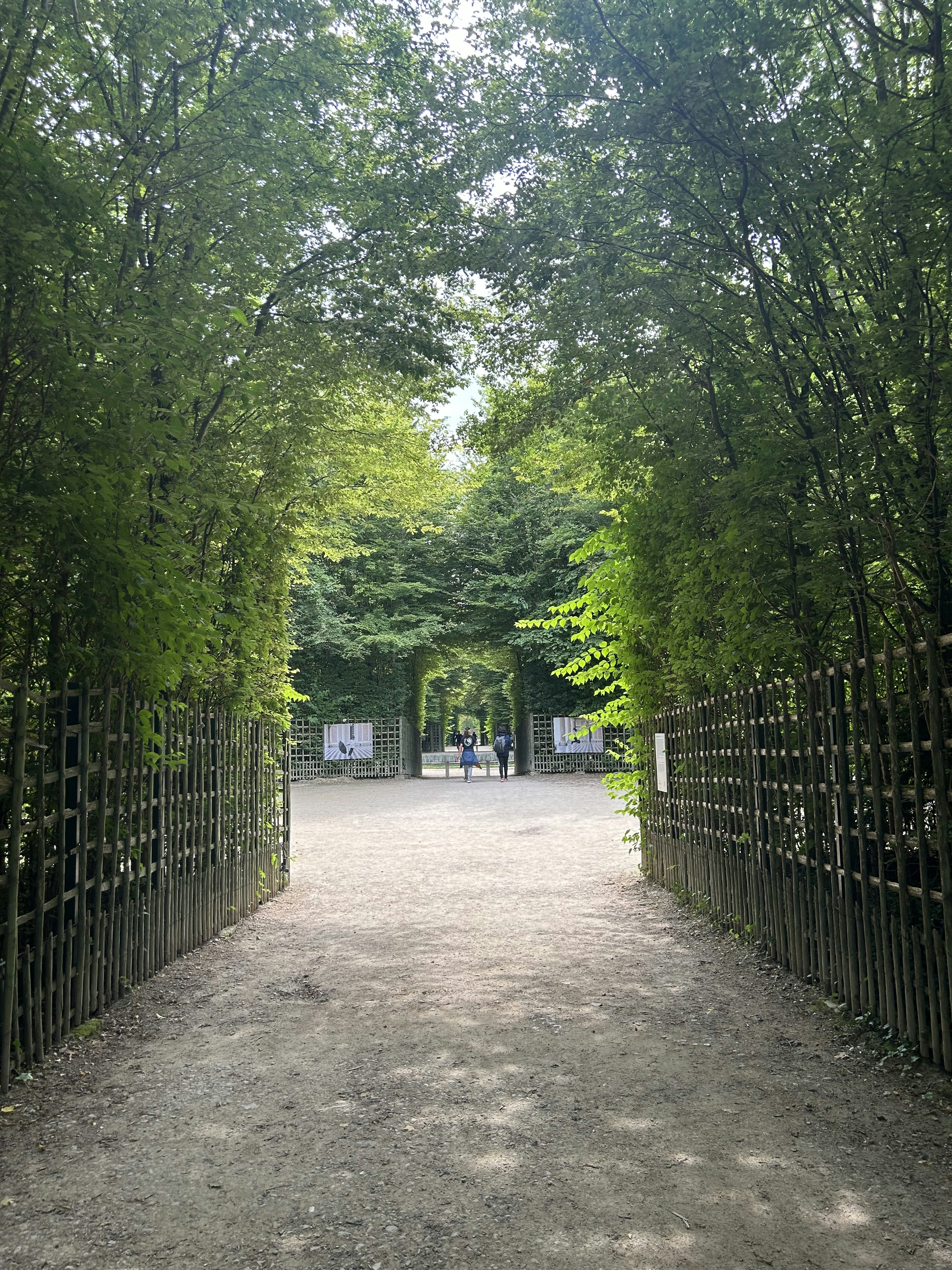 Arched Green Corridor Framing a Distant Gate