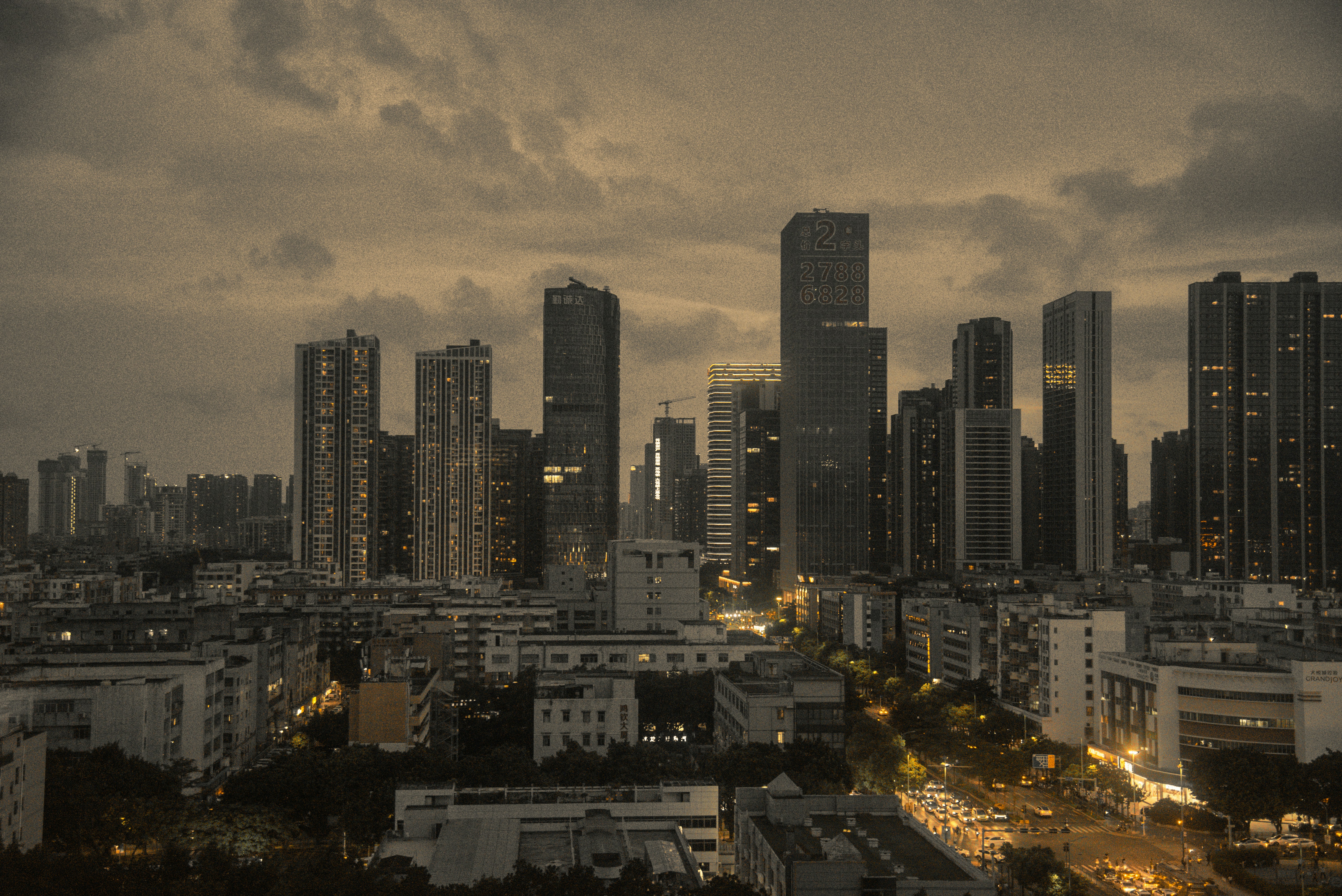 Dusk Over Glass Giants: Sepia Cityscape Framed by Veins of Light