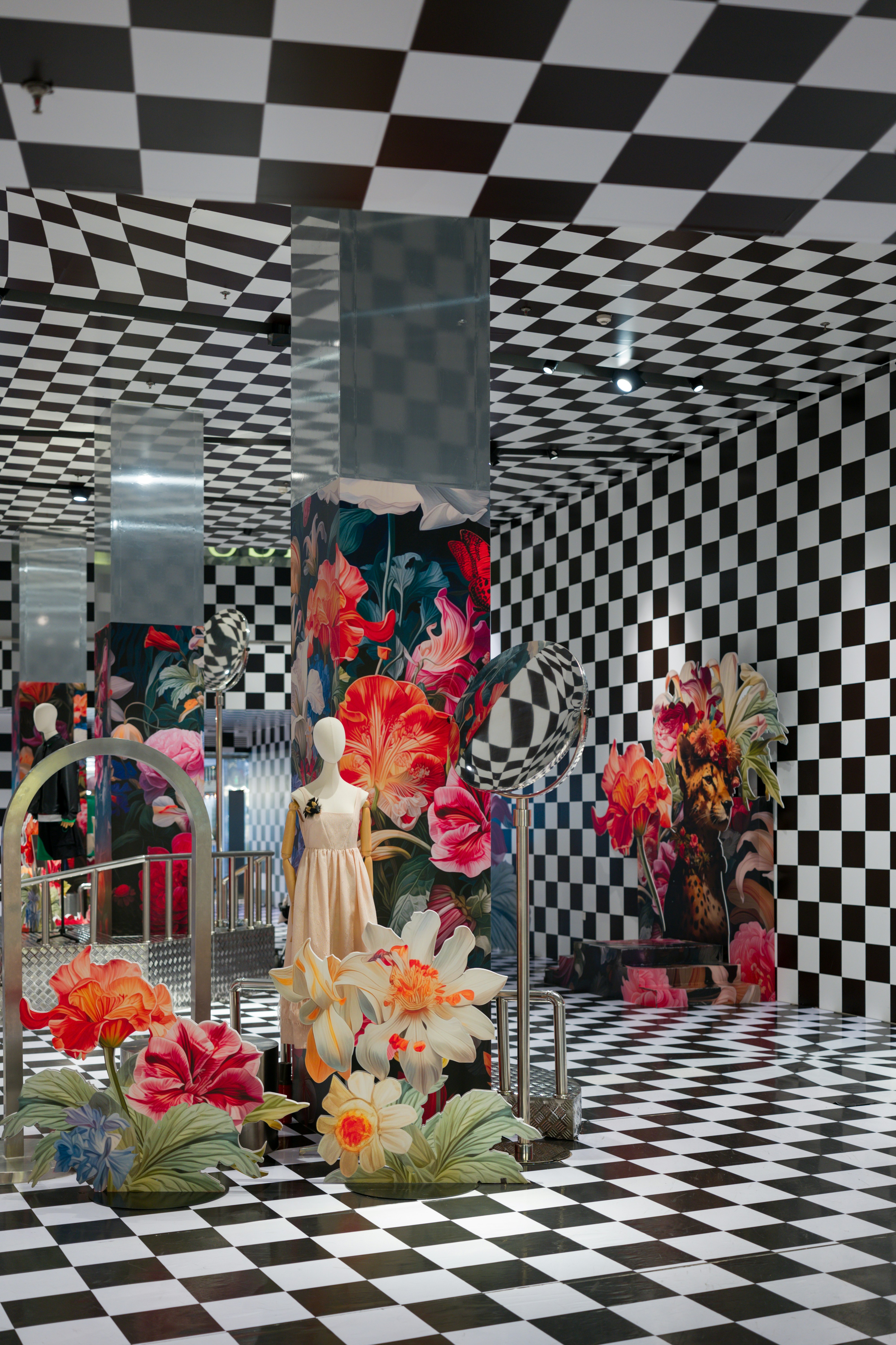Blooming in Black-and-White: A Surreal Dress Display in a Checkerboard Gallery
