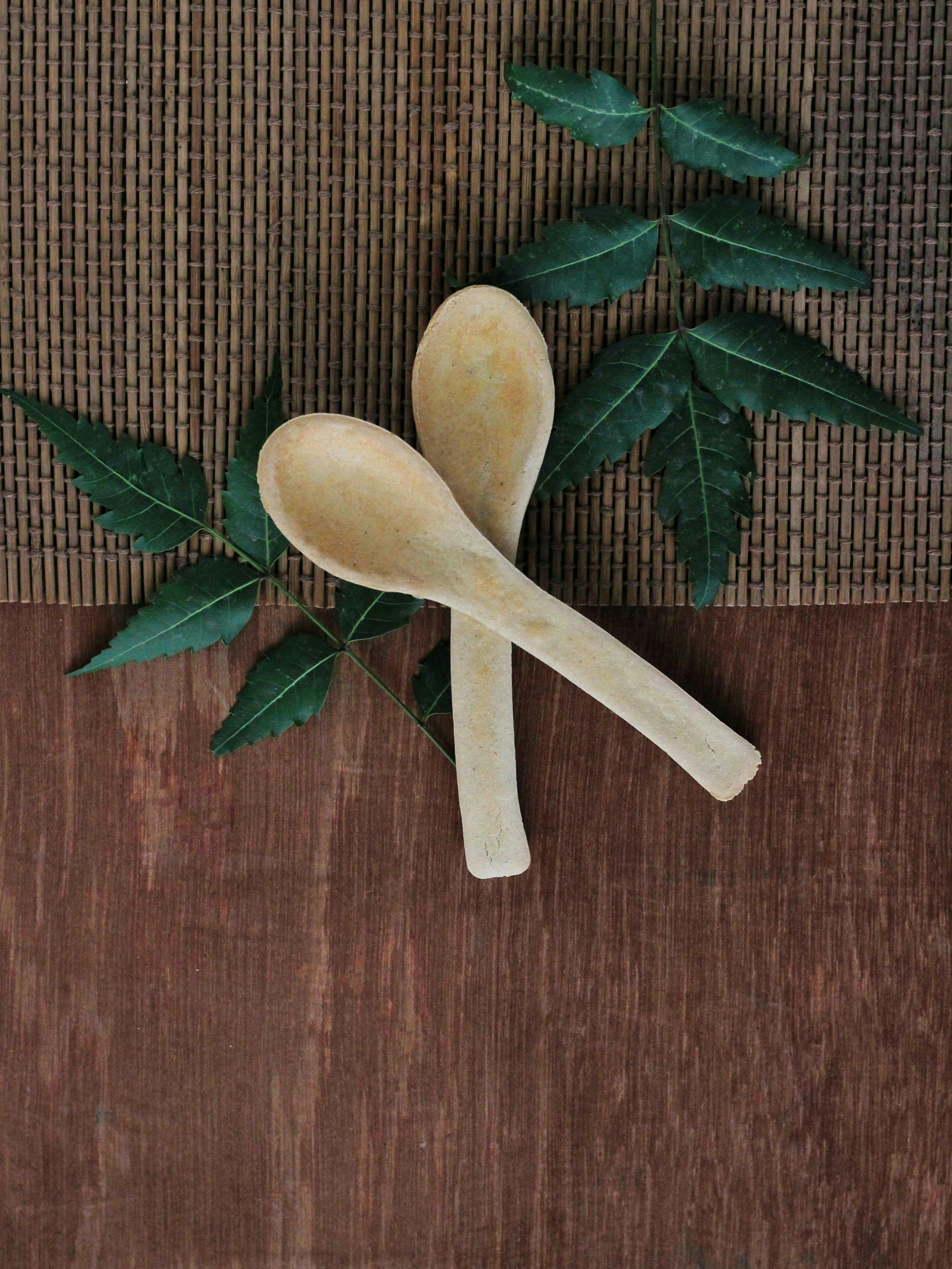 Crossed Ivory Spoons: A Quiet Still Life on Wood and Green