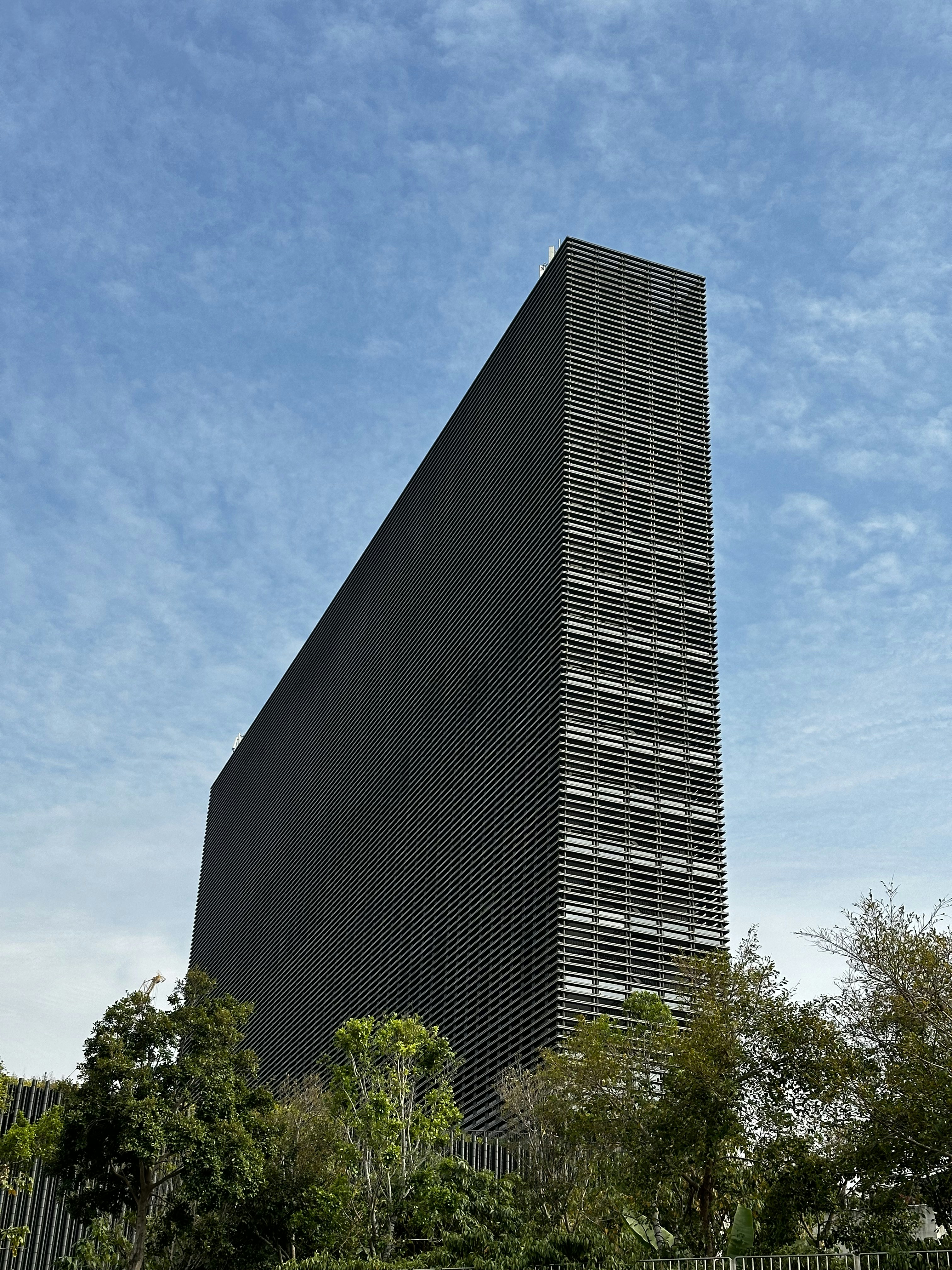 Perforated Monolith Rising Over a Green Canopy