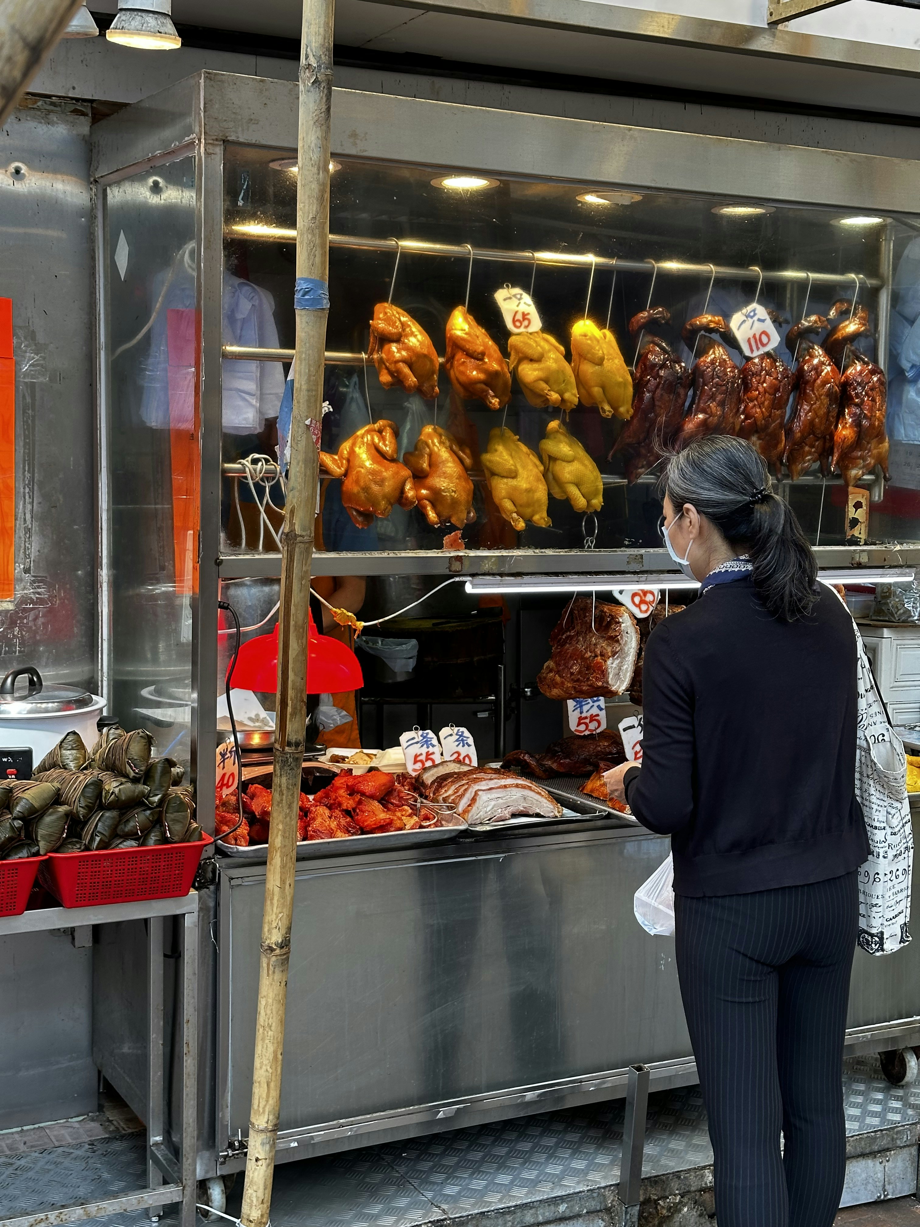 Masked Shopper, Roasted Poultry: A Quiet Moment at the Street Grill