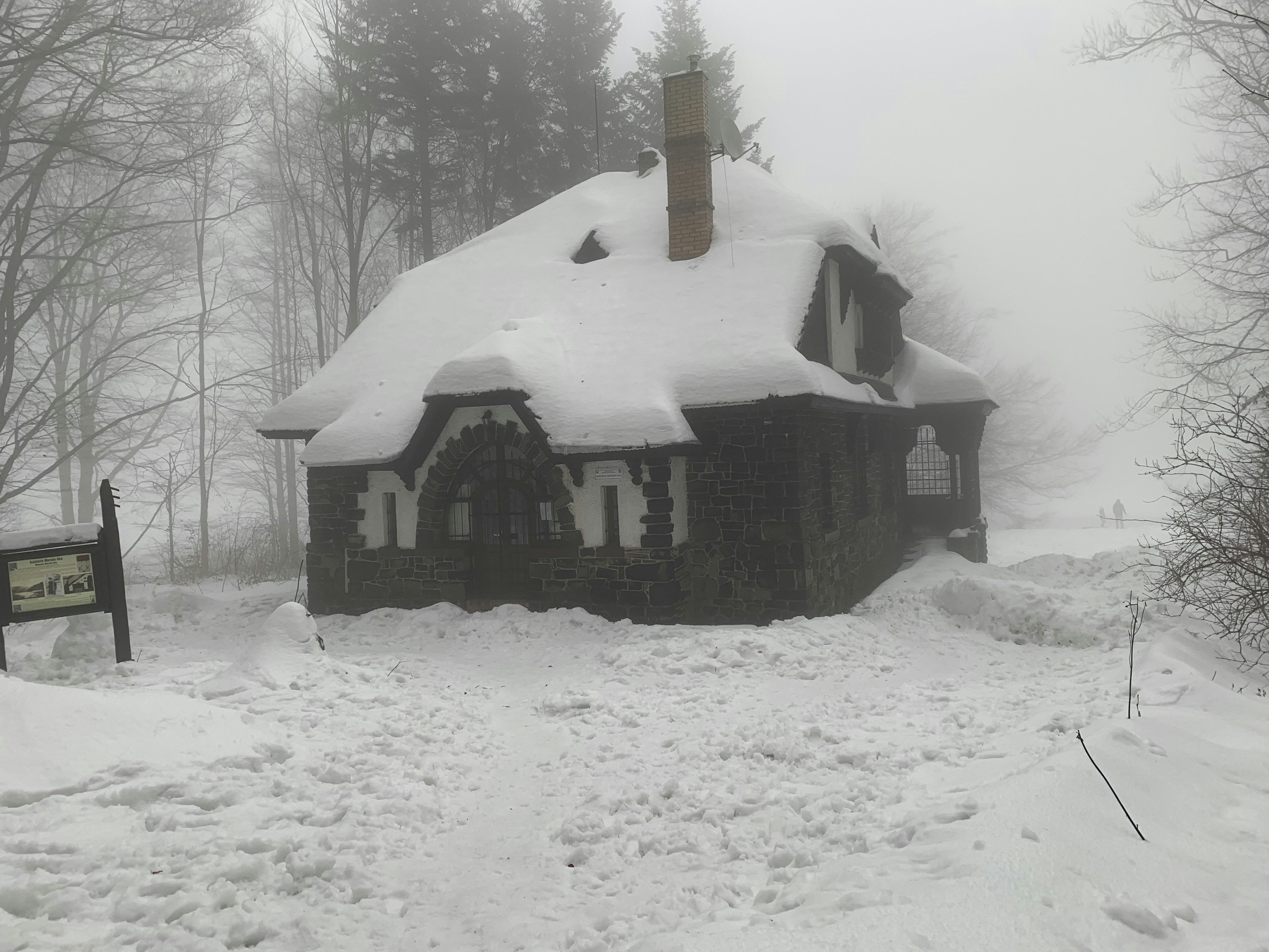 A small house covered in snow next to a forest photo – Free Building ...