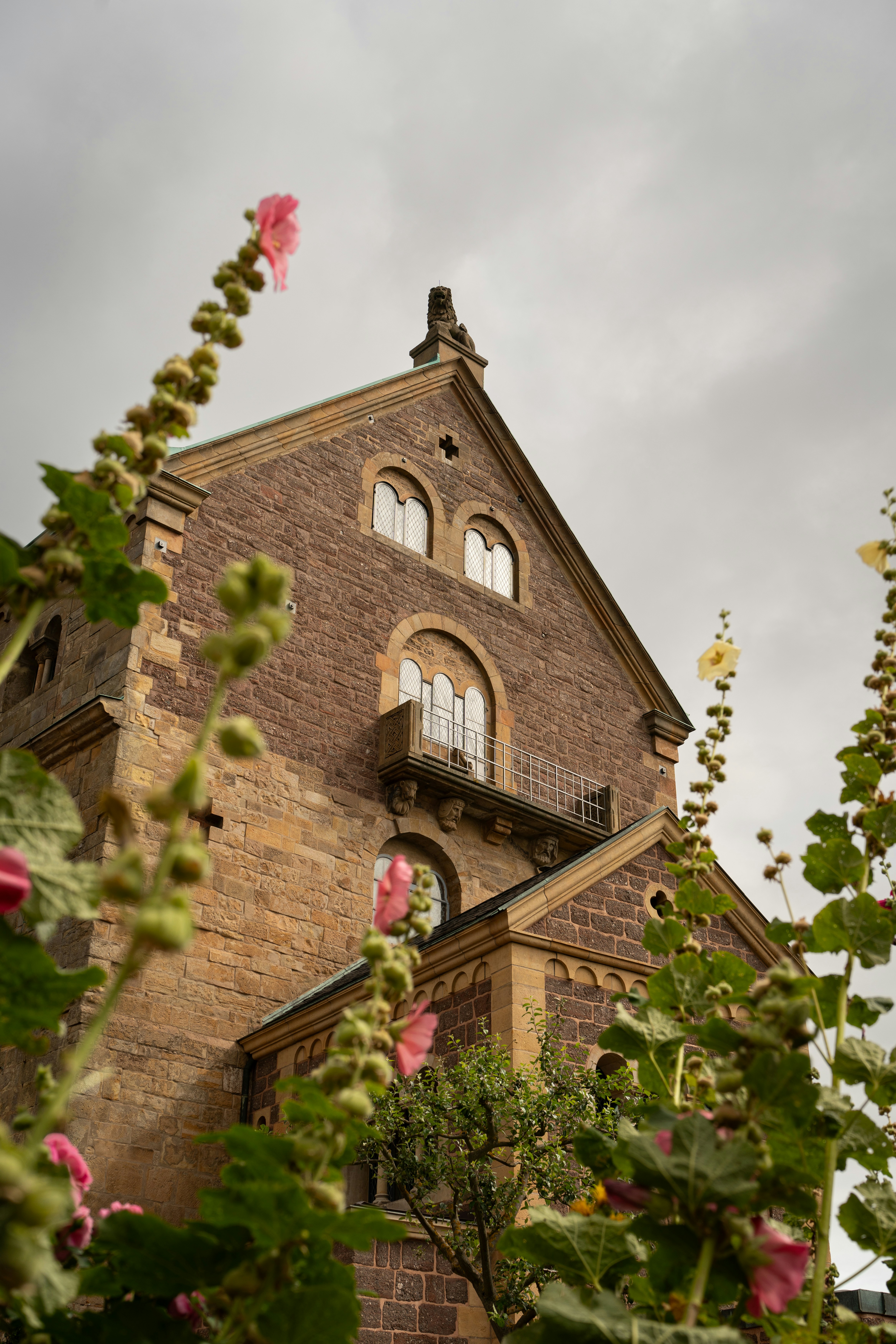 Gabled Brick Facade Rising Through a Sea of Pink Hollies
