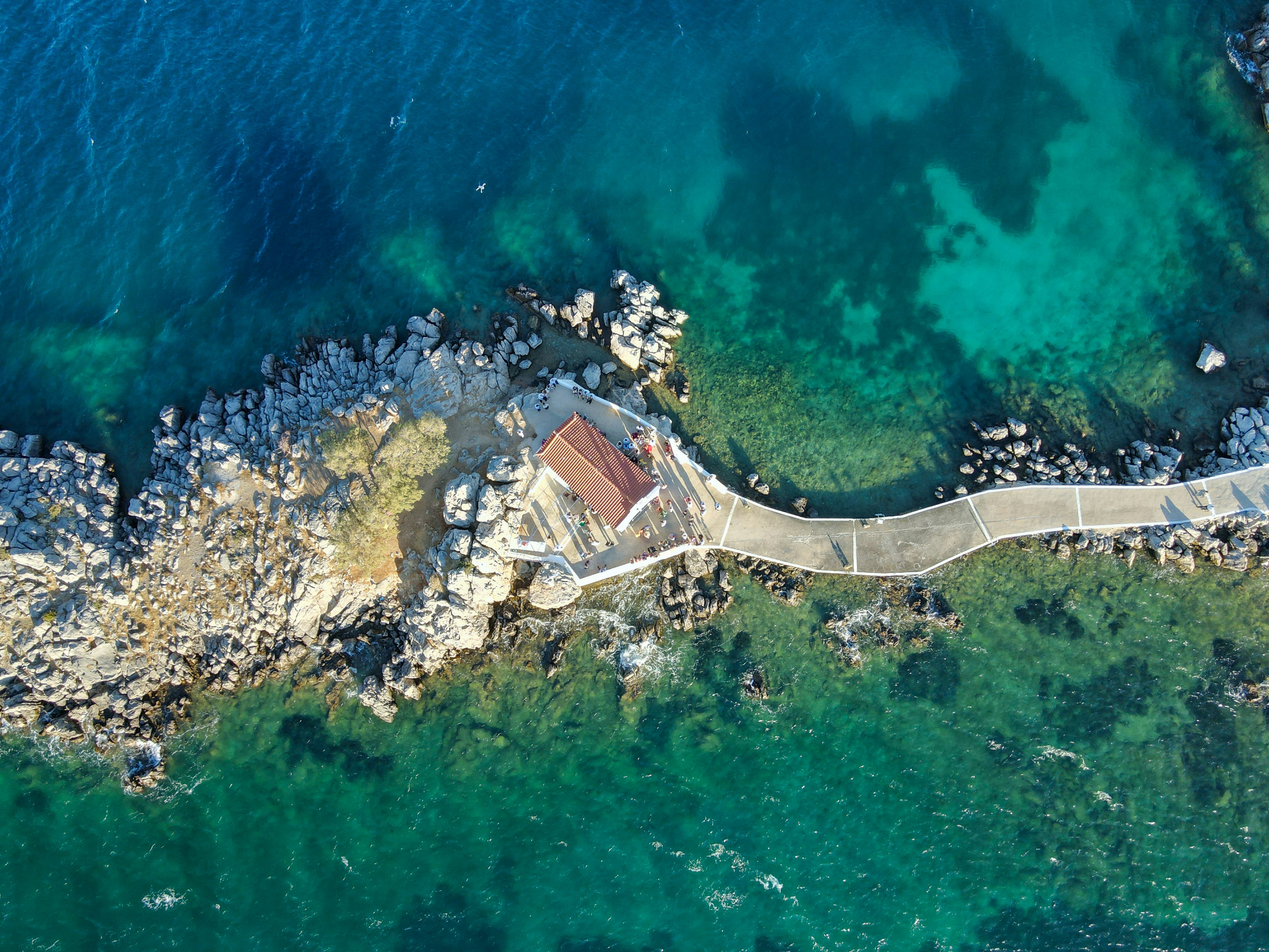 Drone shot taken above Agios Isidoros chapel in Chios island, Greece. Shot with a DJI Mavic Air 2.