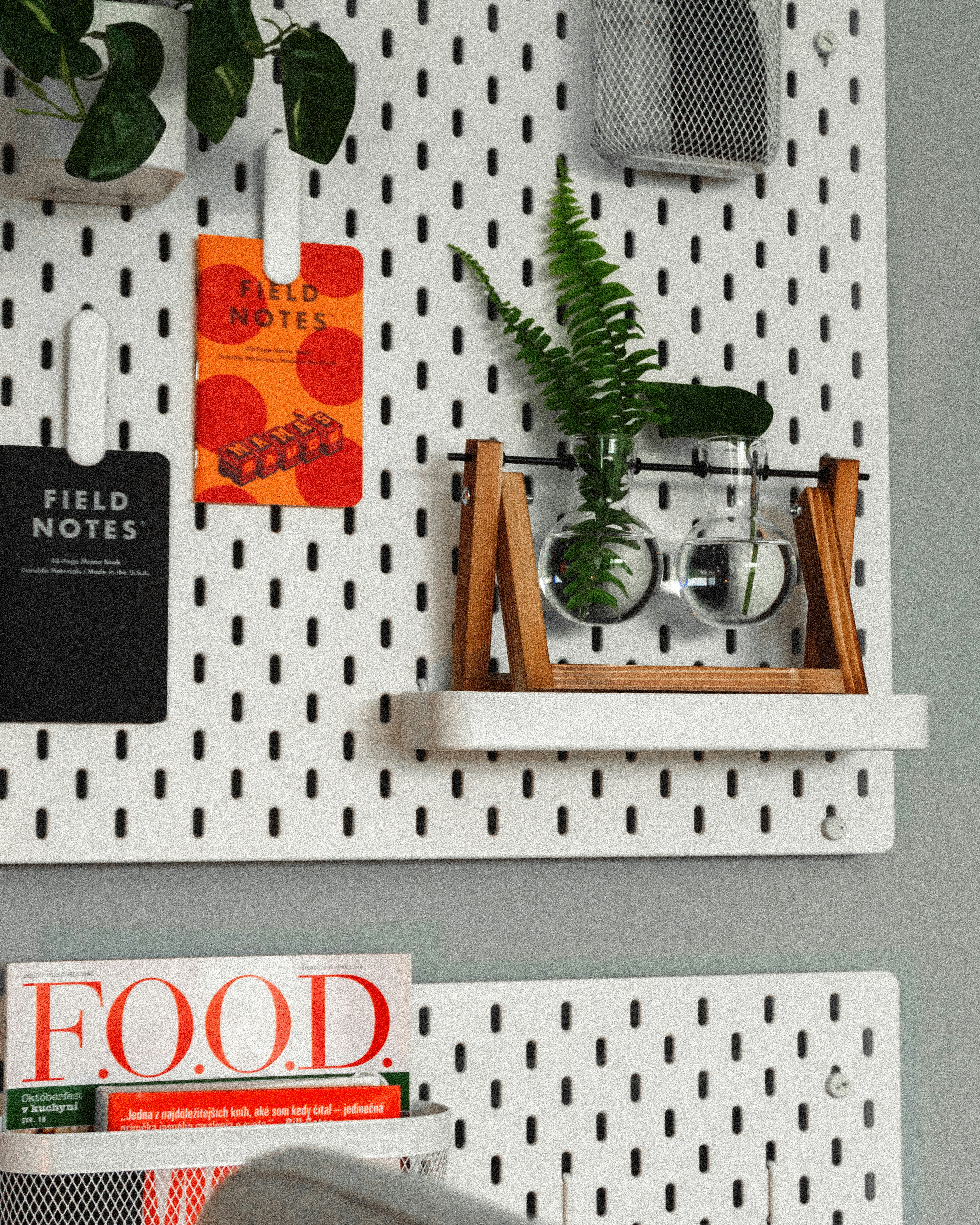 Orange Field Notes on a Pegboard: A Quiet Studio Moment