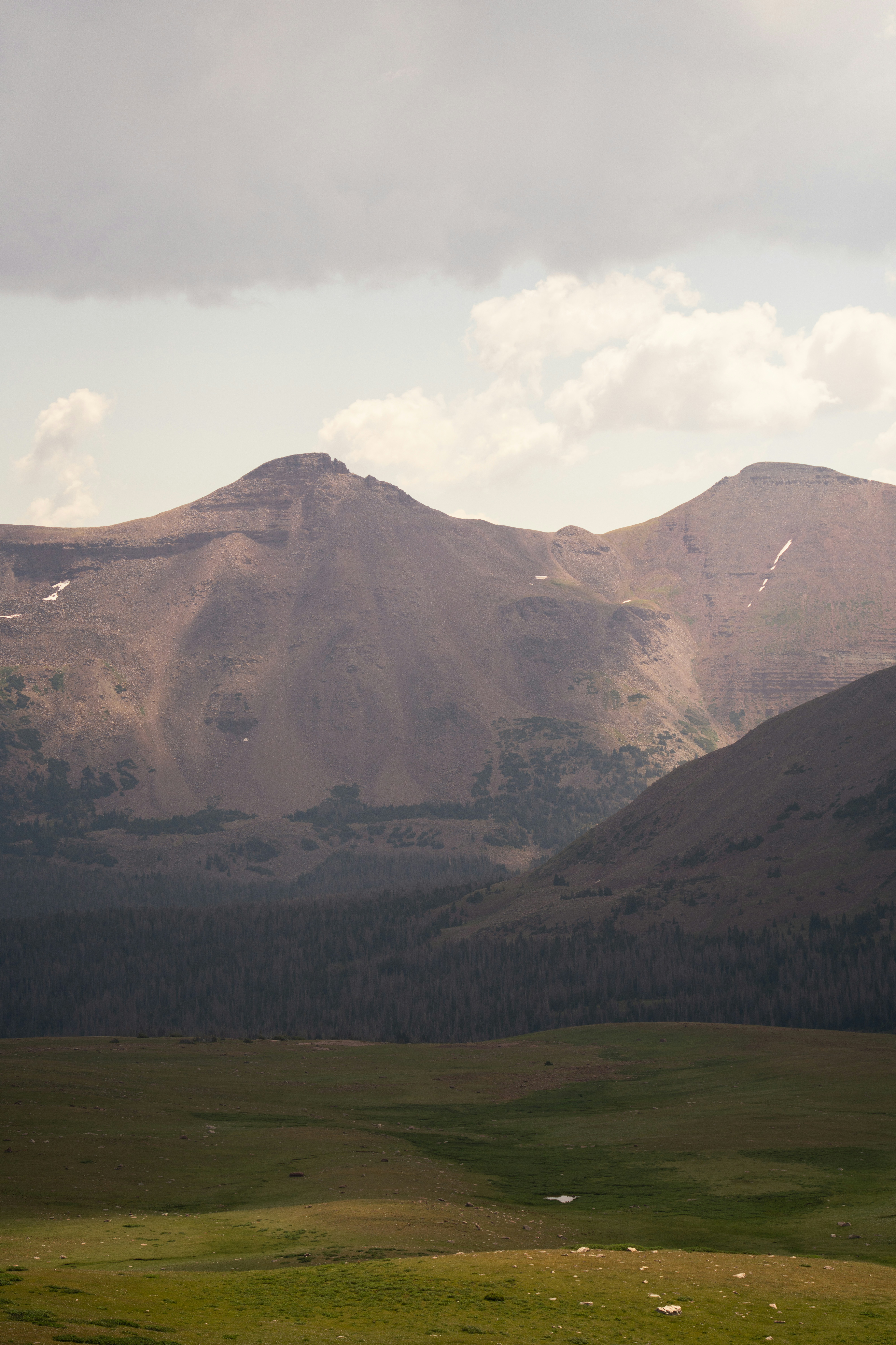 Alpine Crest in Soft Light Over a Green Valley