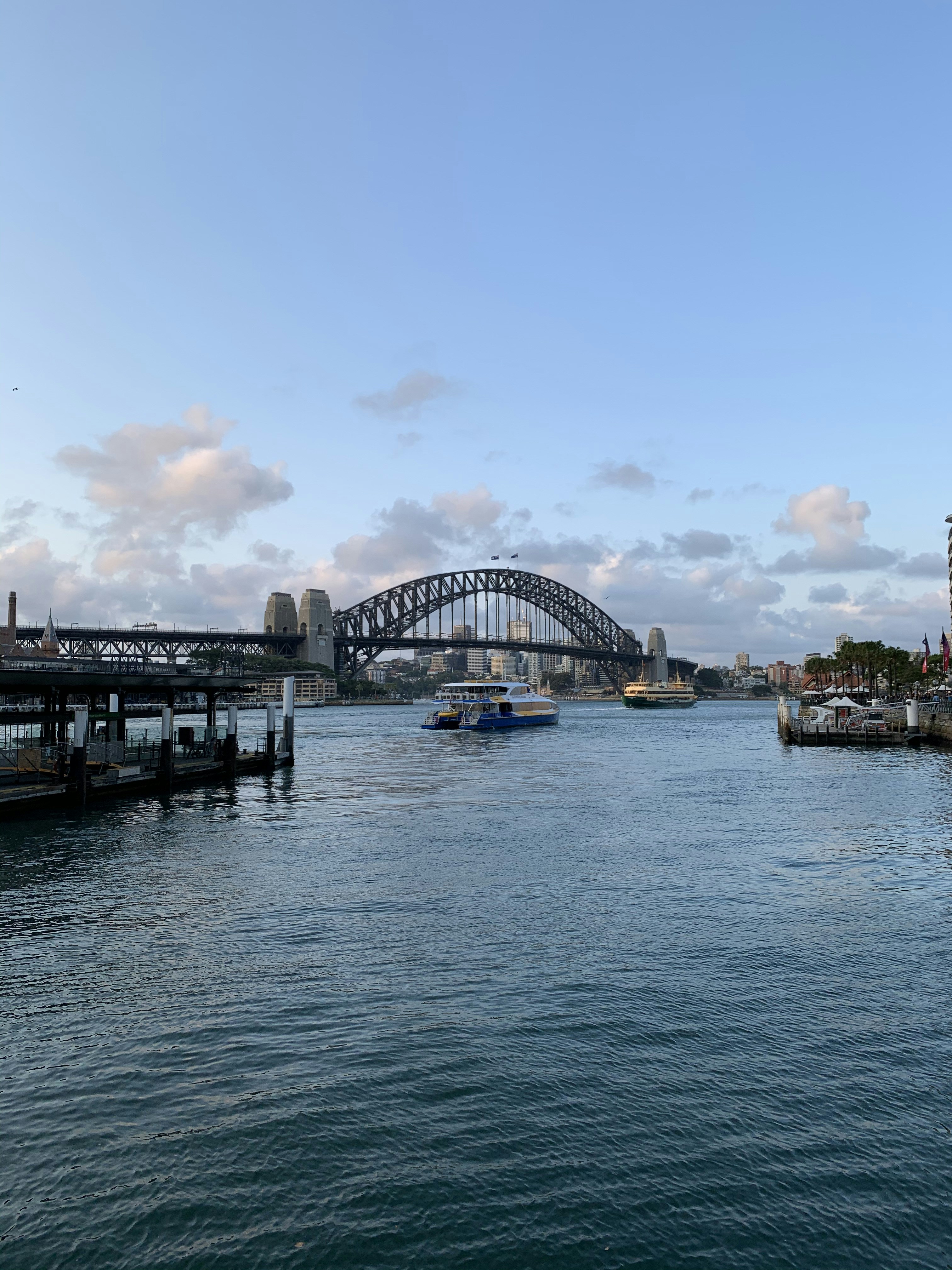 Sydney Harbour showcases the iconic bridge and bustling waterfront activity under a soft blue sky. Boats navigate the calm waters, reflecting the city's vibrant atmosphere.