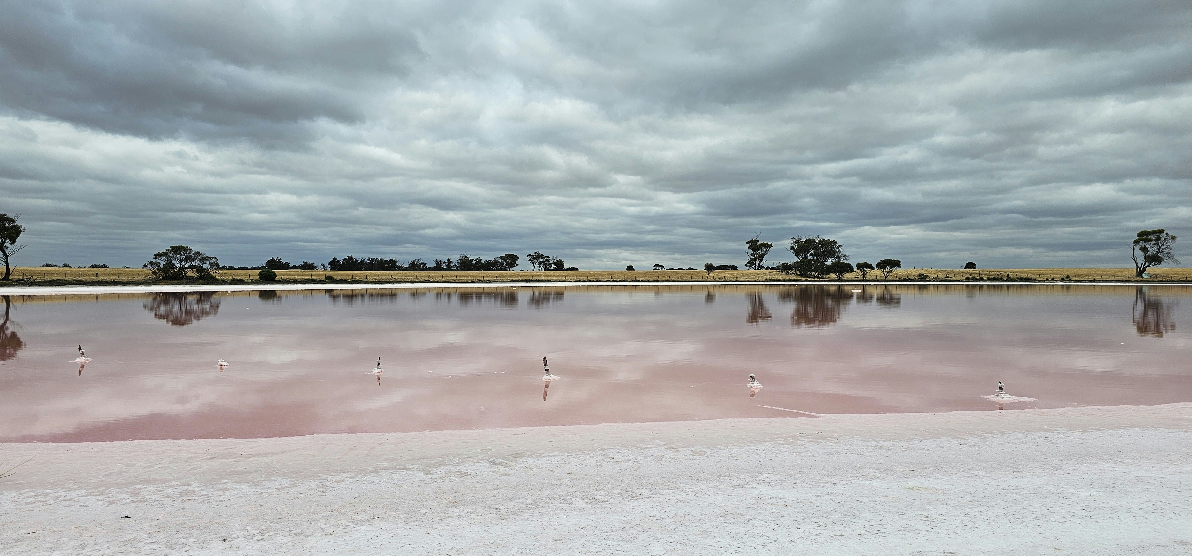 Pastel Tide at the Salt Flats: Reflections Under a Clouded Sky