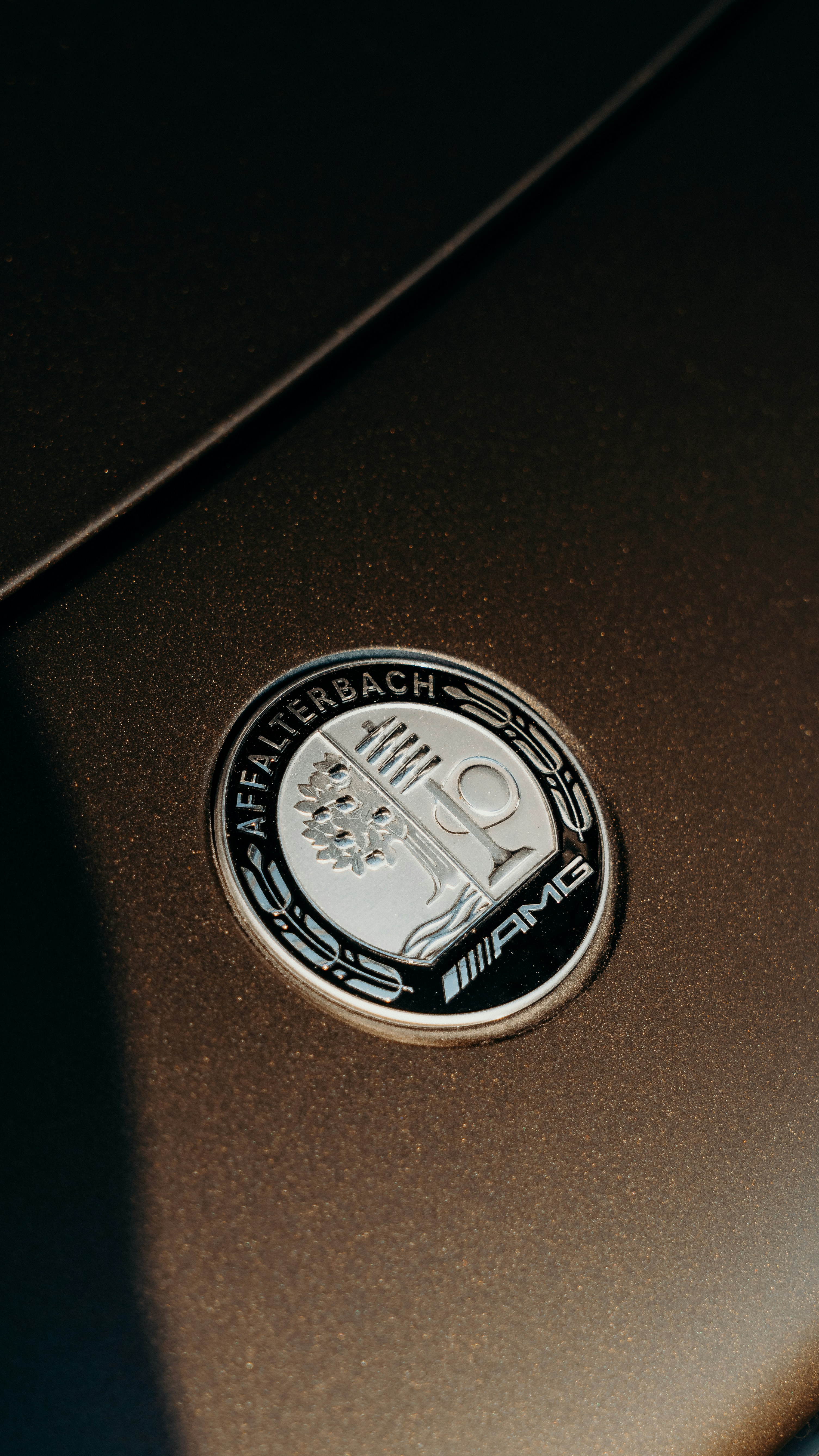 AMG Crest Close-Up: Bronze Metallic Hood Under a Diagonal Shadow