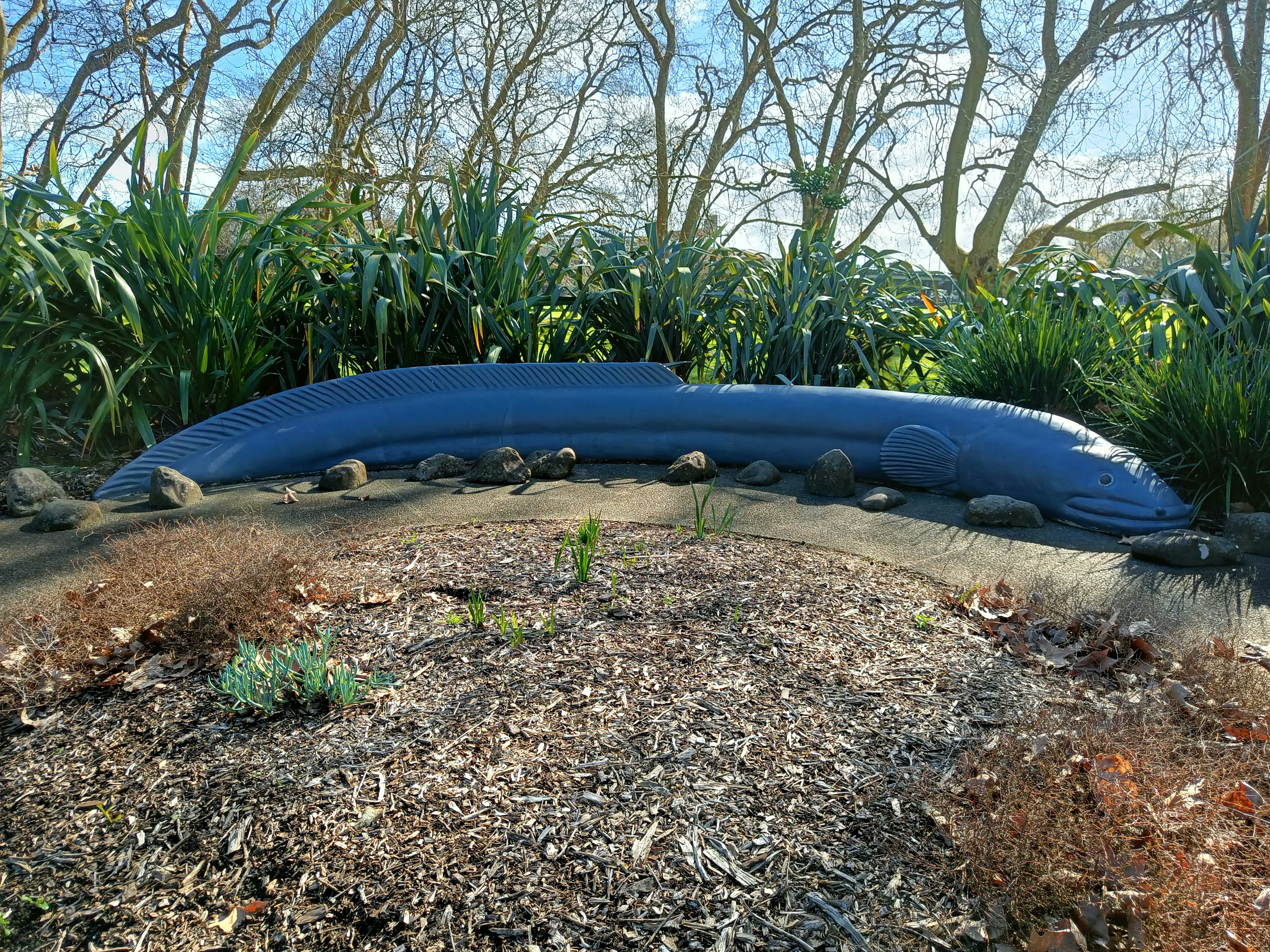 Blue inflatable barrier edged by stones and scrub in a sunlit garden