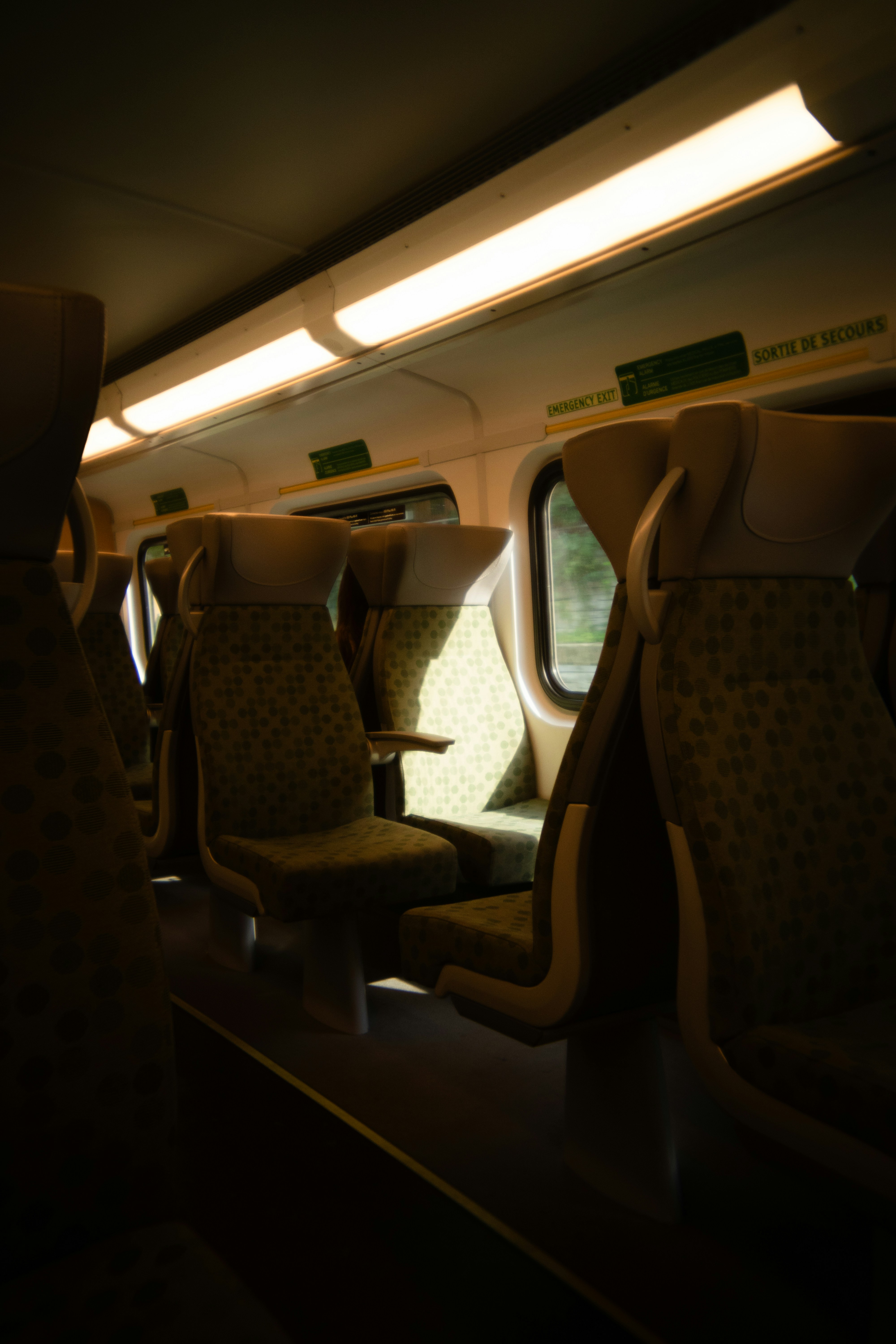 Whispering Amber in a Train Car: Light Pools on Patterned Seats