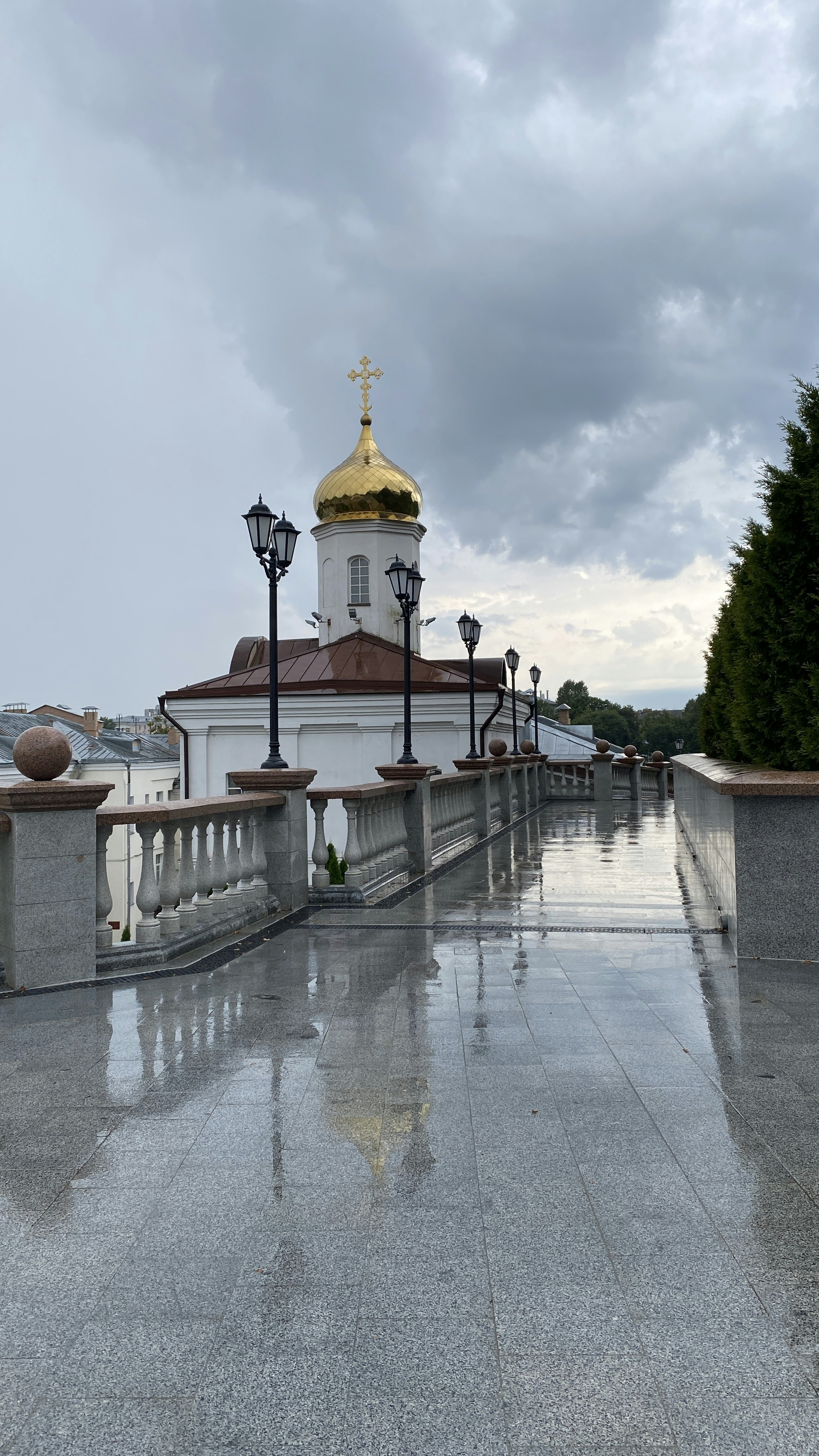 Gilded Dome Over a Rain-Washed Promenade