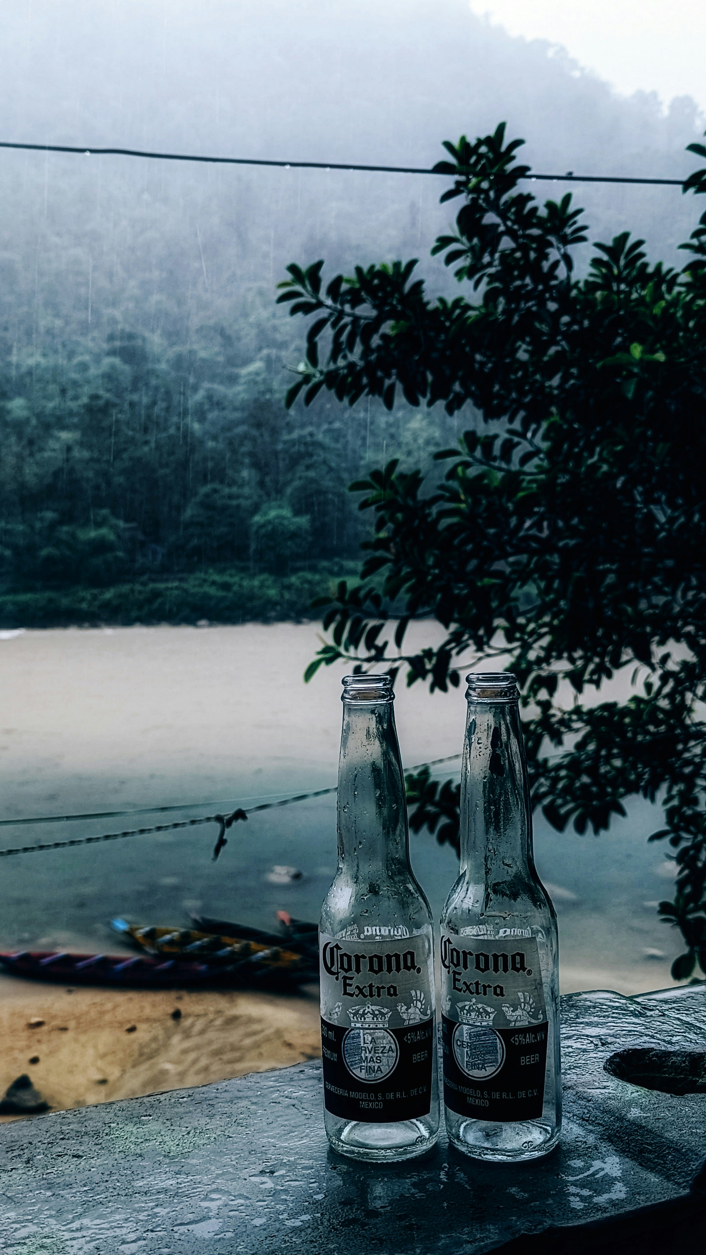Corona Bottles on a Rain-Kissed Riverside Terrace