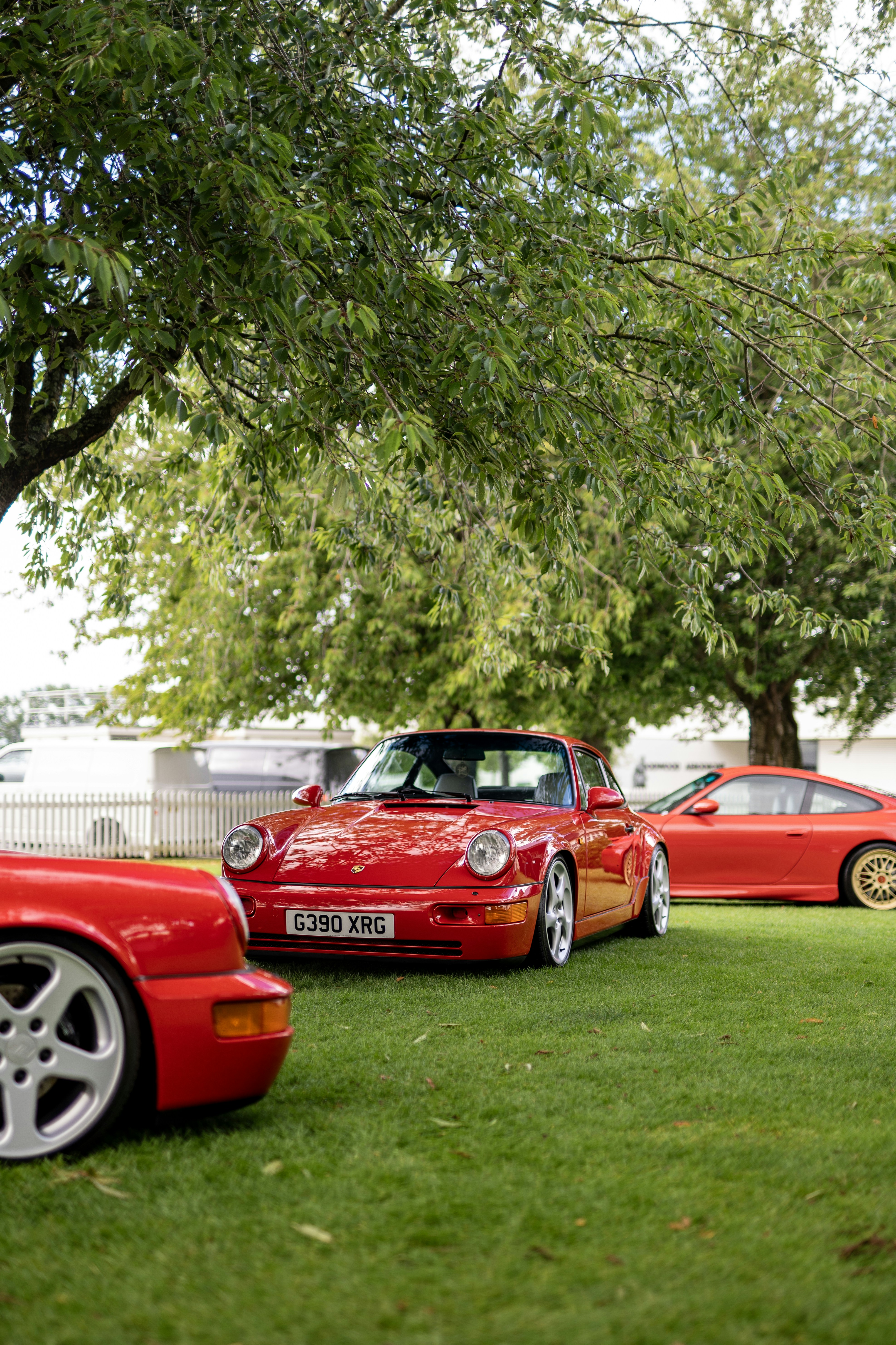 A couple of red cars parked next to each other on a lush green field ...