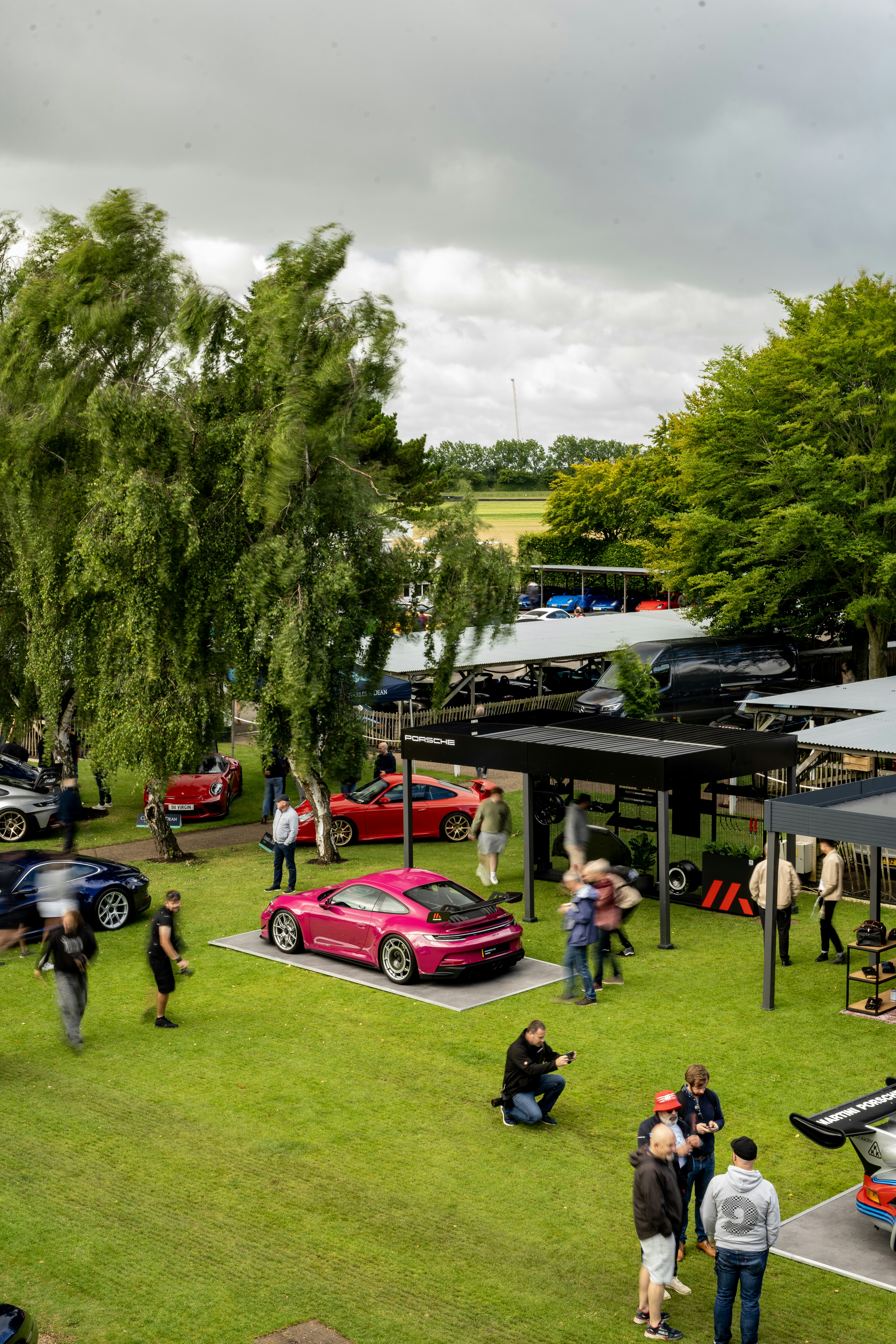 Midday Car Show: A Magenta Porsche Surrounded by Visitors in a Lush Outdoor Lot